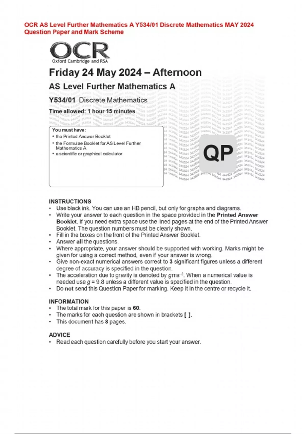 OCR AS Level Further Mathematics A Y534/01 Discrete Mathematics MAY ...