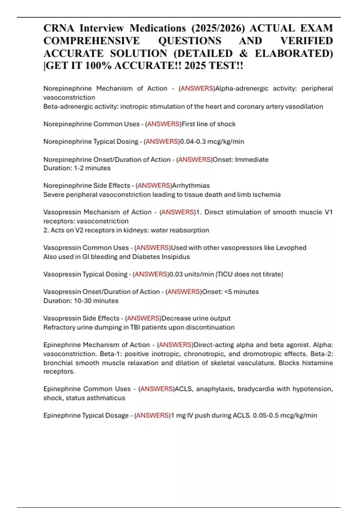 CRNA Interview Medications (2025/2026) ACTUAL EXAM COMPREHENSIVE ...
