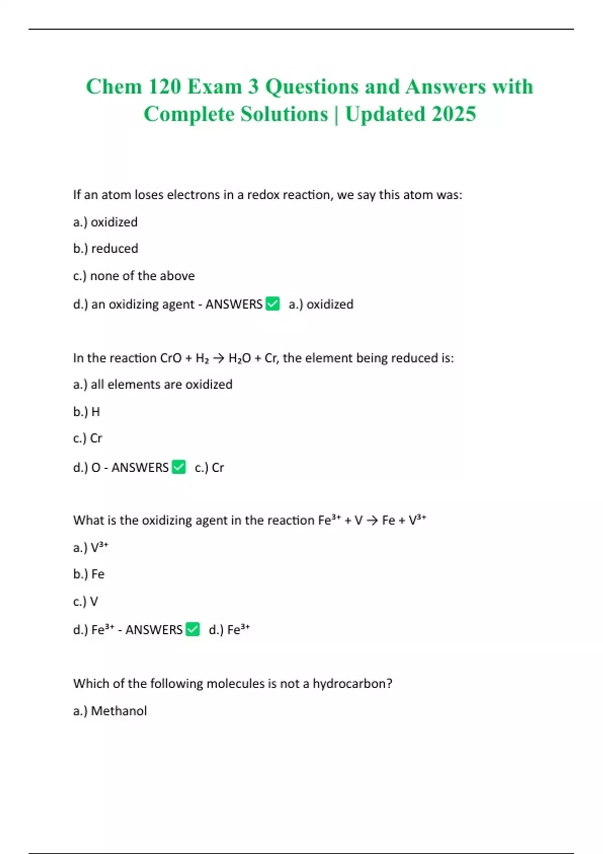 Chem 120 Exam 3 Questions and Answers with Complete Solutions | Updated ...