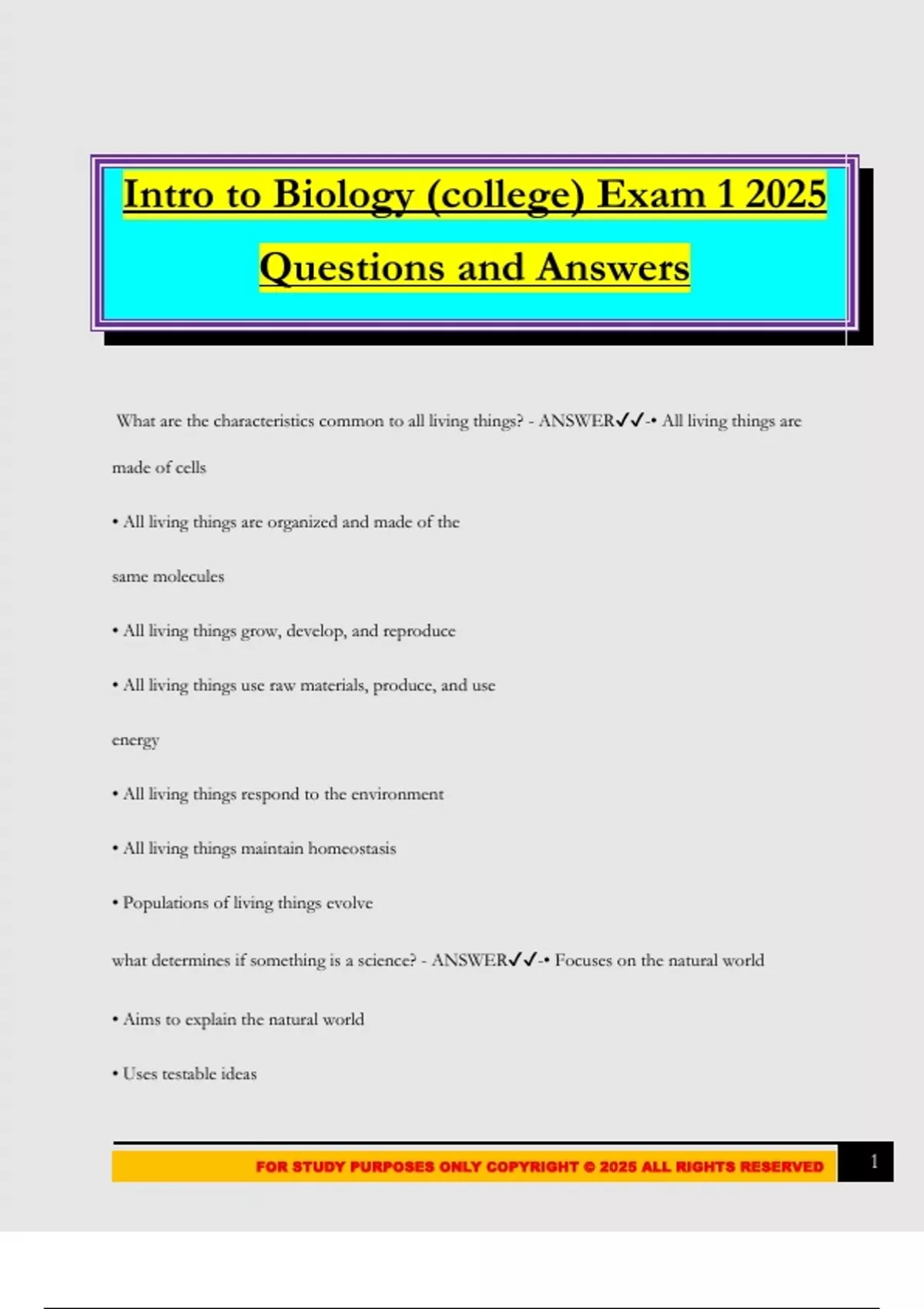 Intro to Biology (college) Exam 1 2025 Questions and Answers - College ...