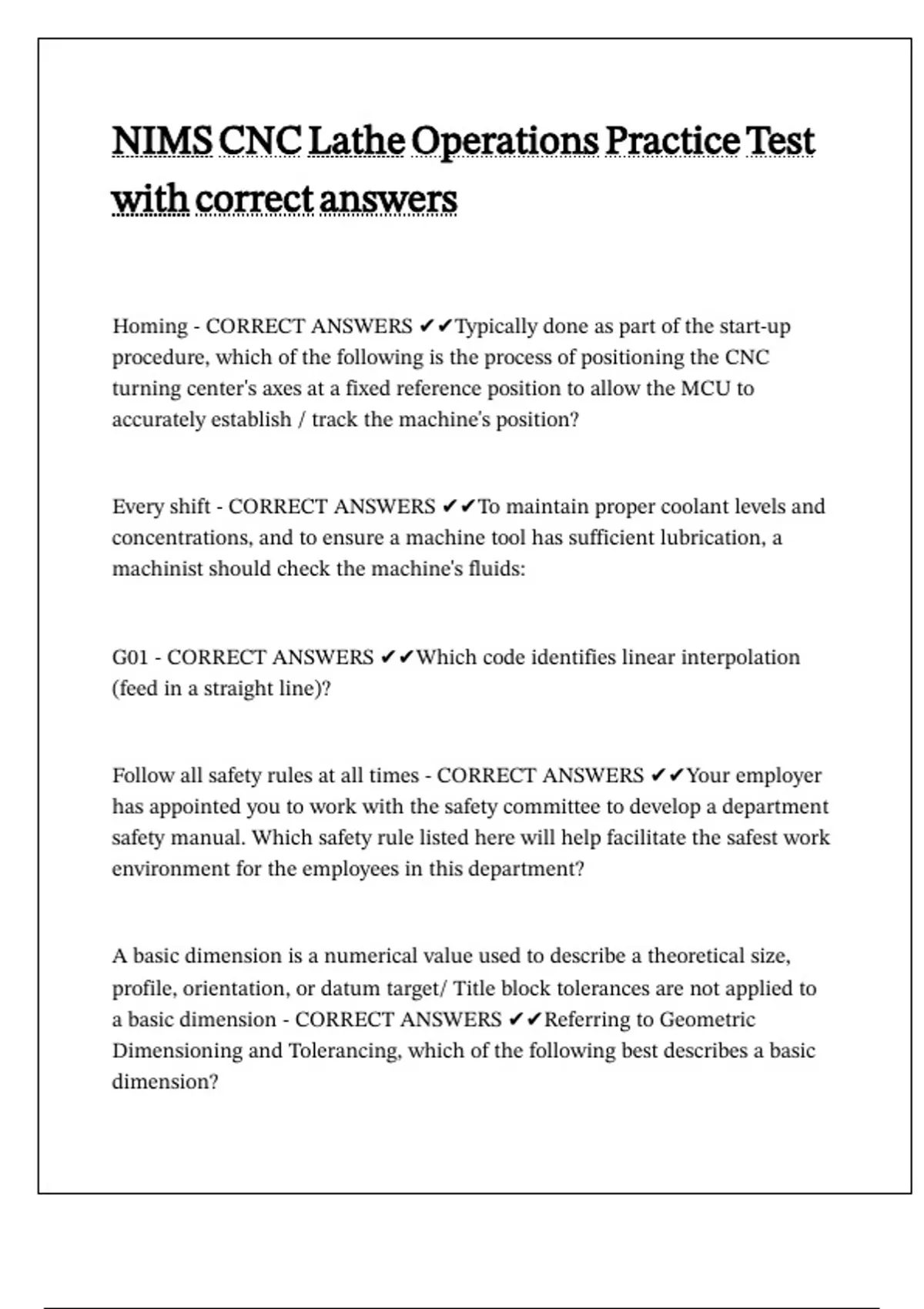 NIMS CNC Lathe Operations Practice Test with correct answers - NIMS CNC ...