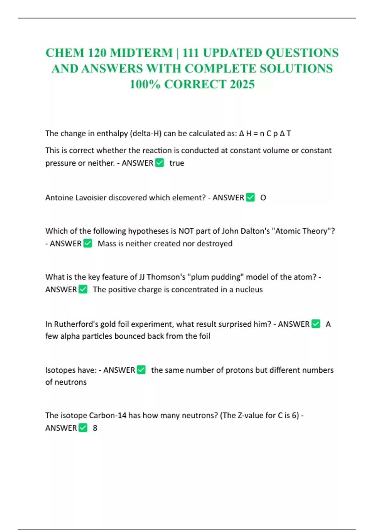 CHEM 120 MIDTERM | 111 UPDATED QUESTIONS AND ANSWERS WITH COMPLETE SOLUTIONS 100% CORRECT 2025 ...