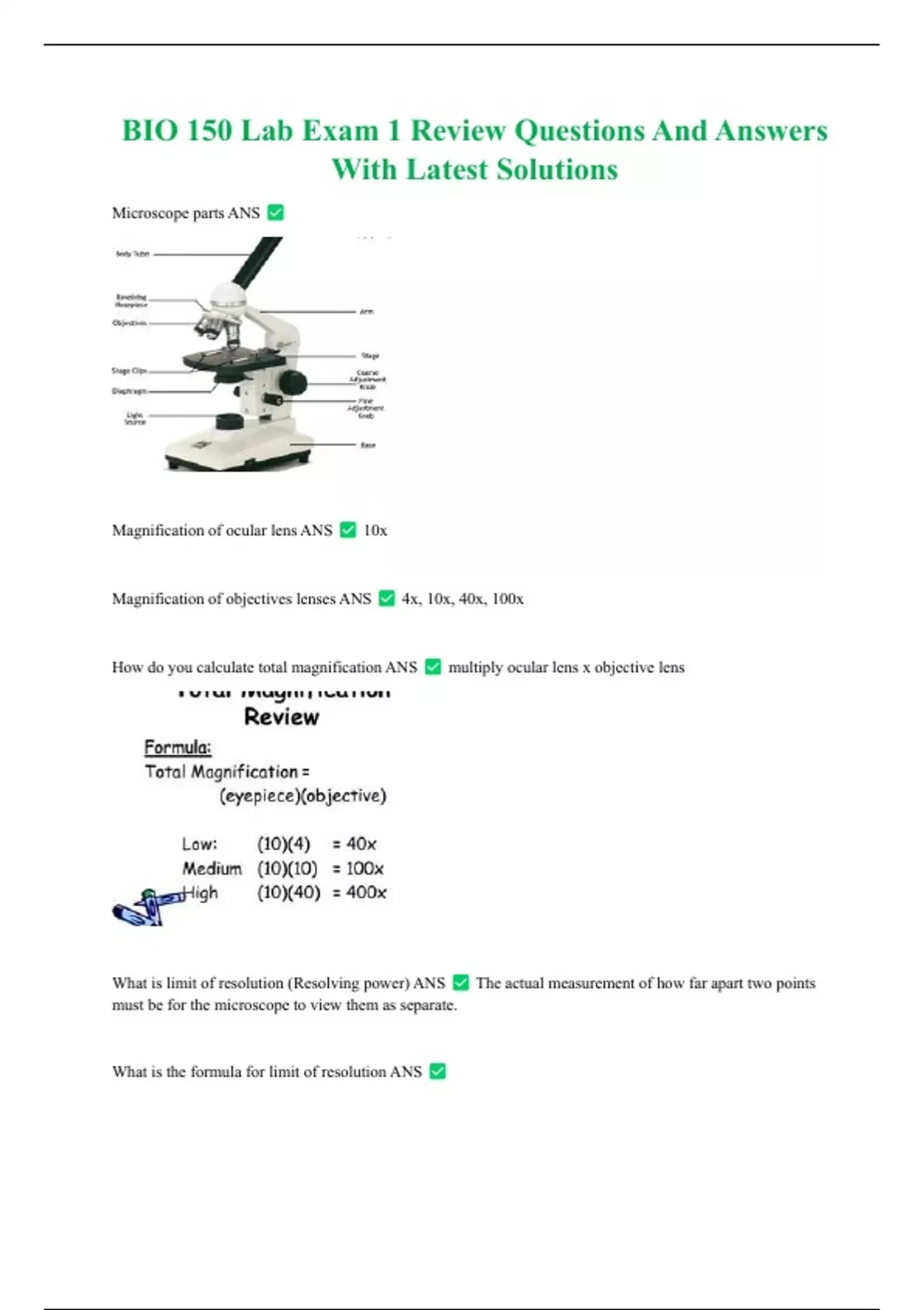 BIO 150 Lab Exam 1 Review Questions And Answers With Latest Solutions ...