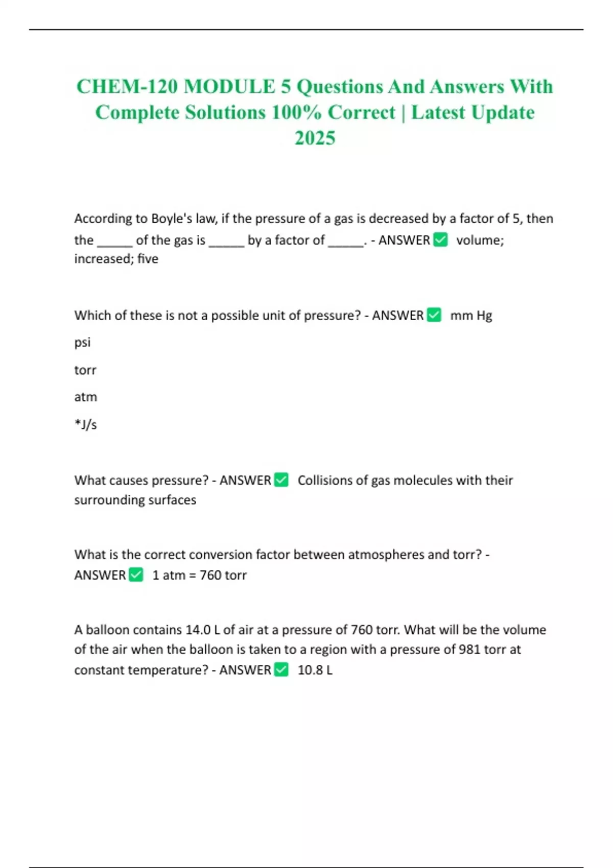 CHEM-120 MODULE 5 Questions And Answers With Complete Solutions 100% ...