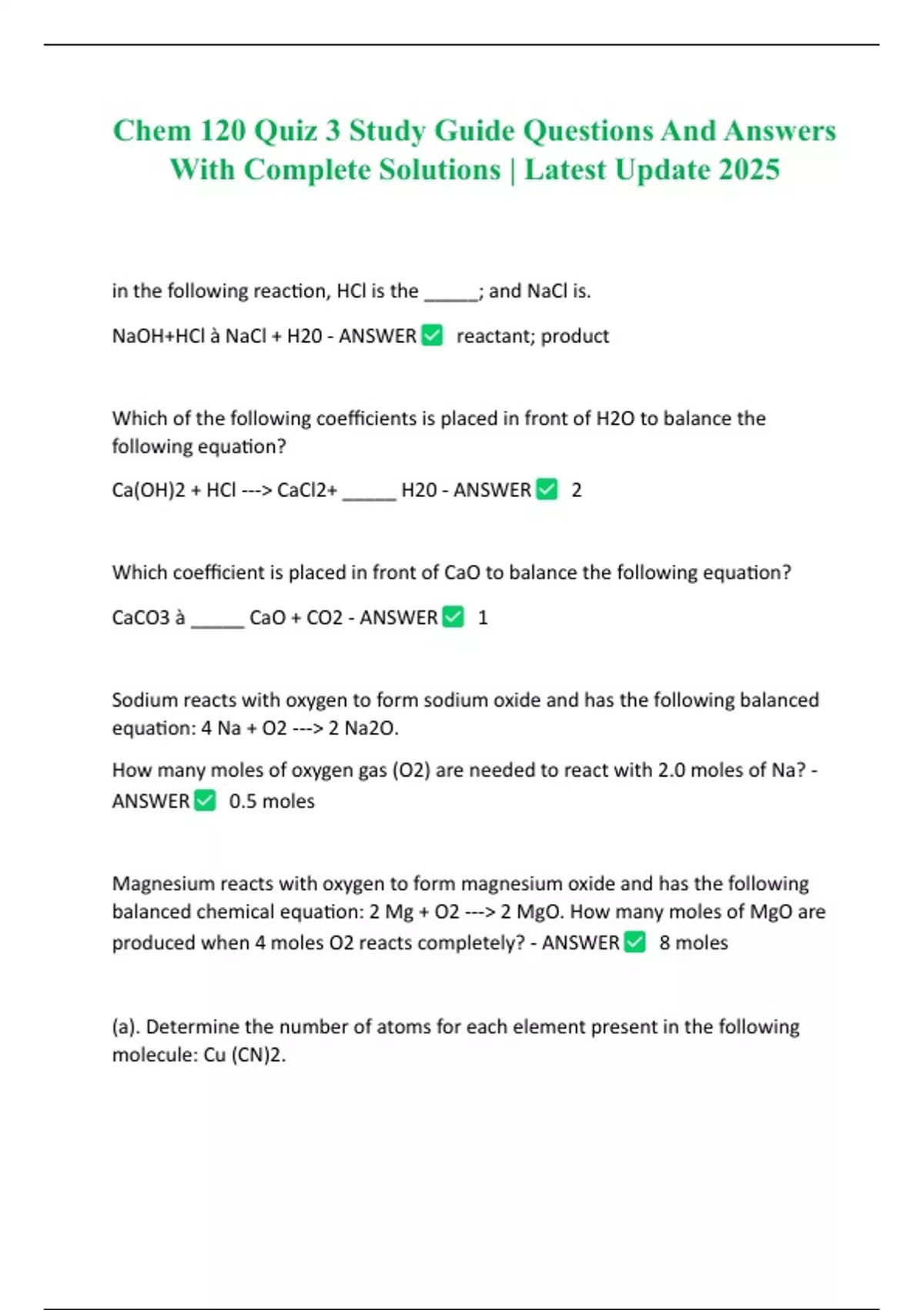Chem 120 Quiz 3 Study Guide Questions And Answers With Complete ...