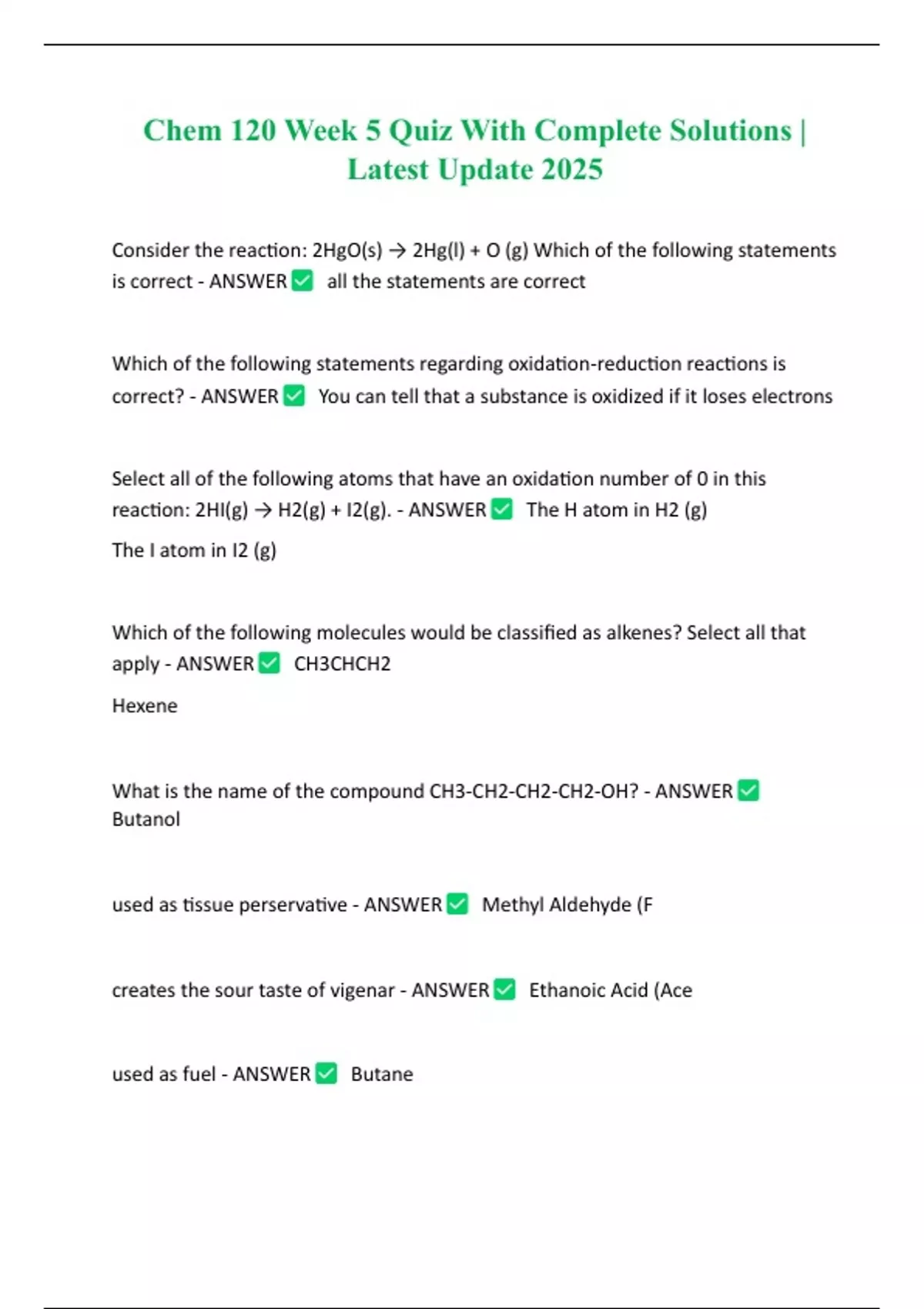 Chem 120 Week 5 Quiz With Complete Solutions | Latest Update 2025 ...