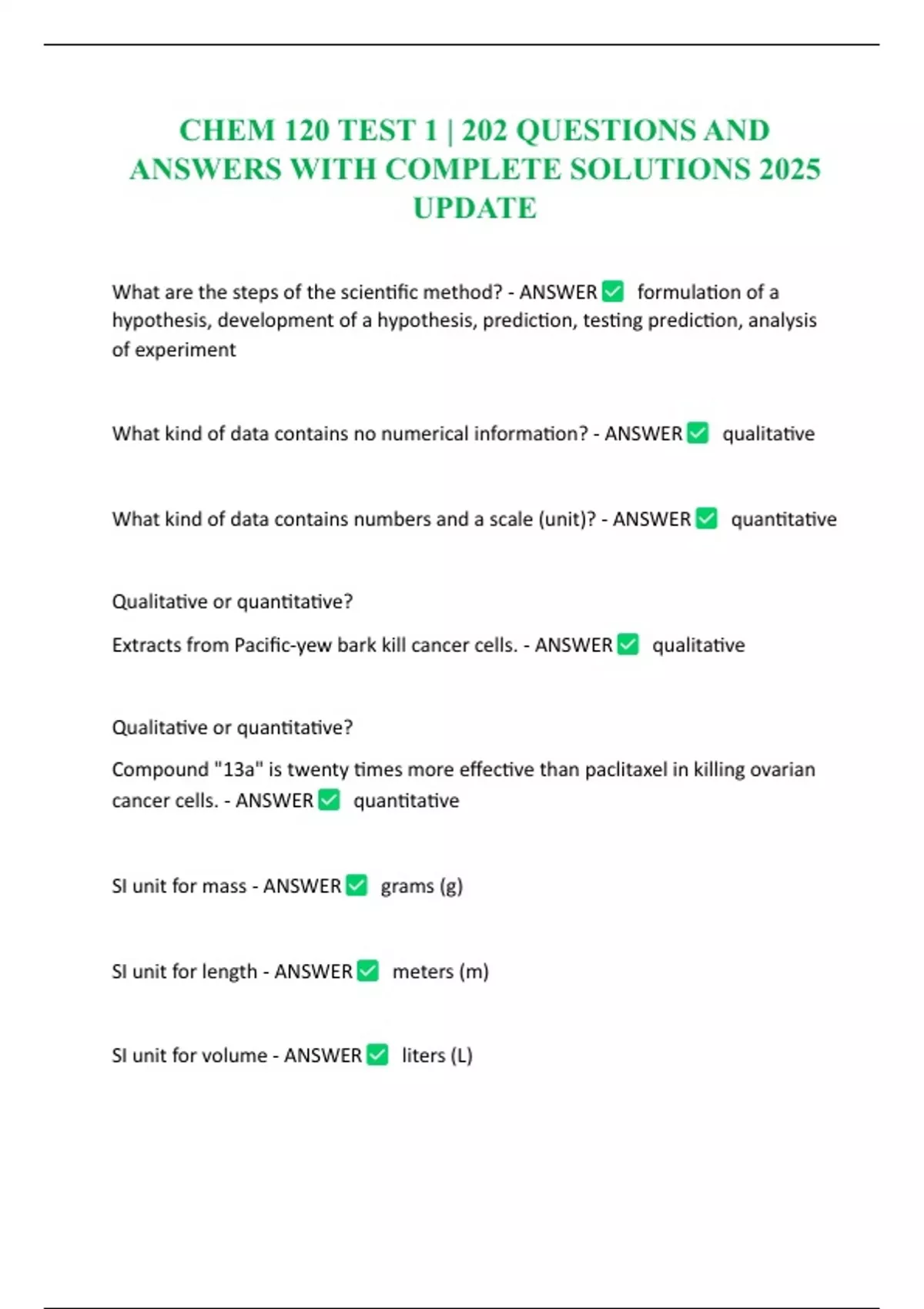 CHEM 120 TEST 1 | 202 QUESTIONS AND ANSWERS WITH COMPLETE SOLUTIONS ...