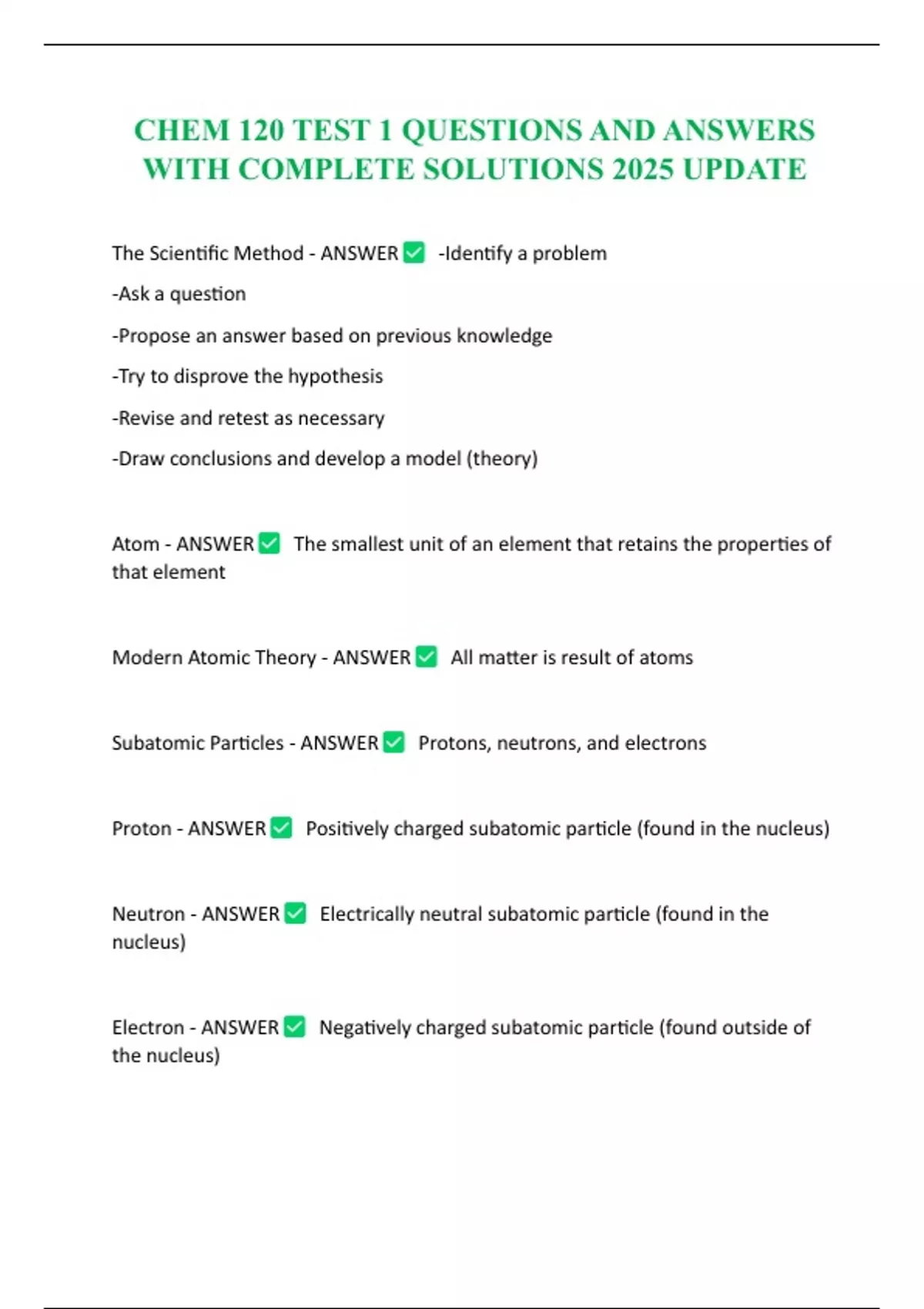 CHEM 120 TEST 1 QUESTIONS AND ANSWERS WITH COMPLETE SOLUTIONS 2025 ...