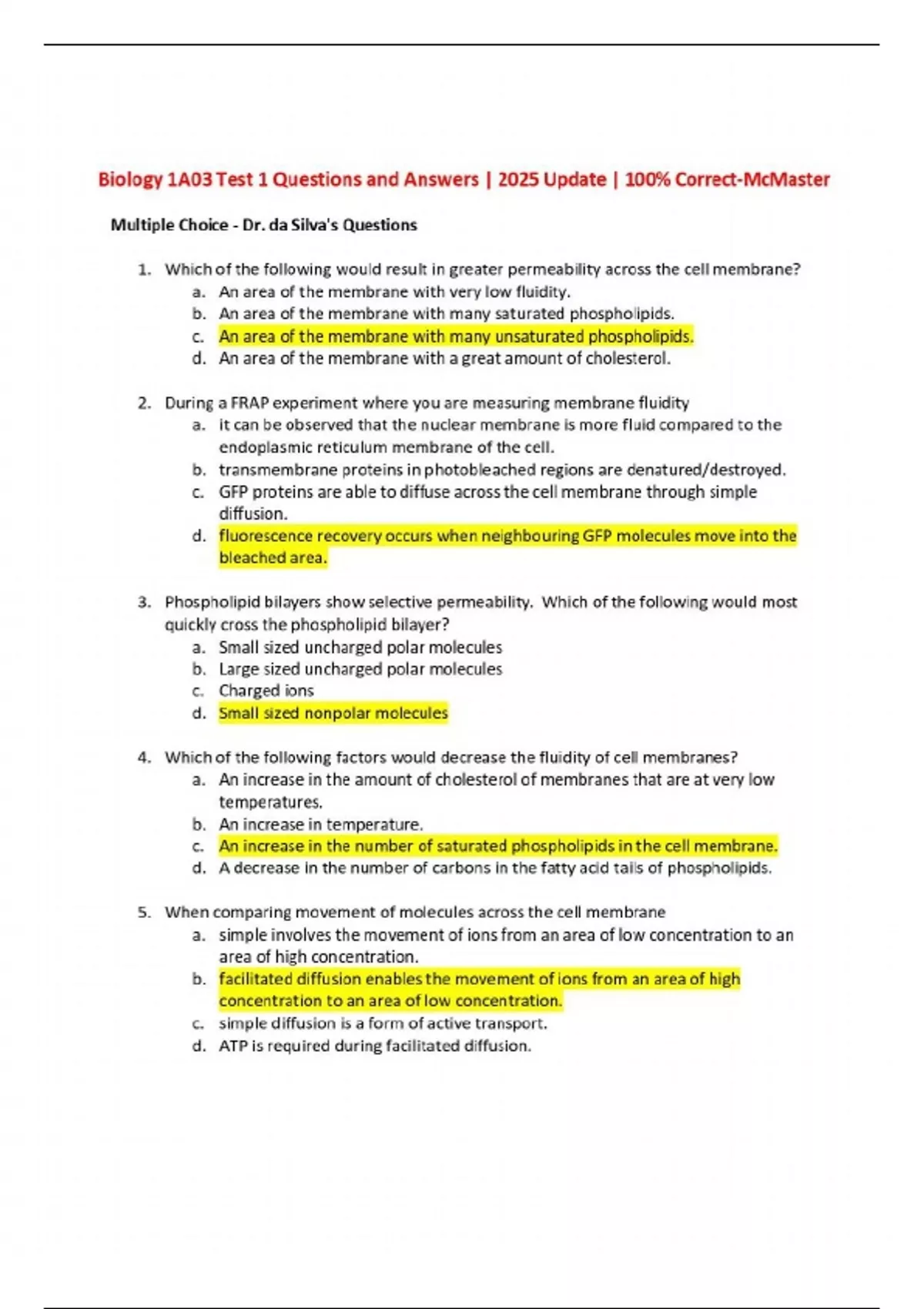 Biology 1A03 Test 1 Questions and Answers | 2025 Update | 100% Correct ...