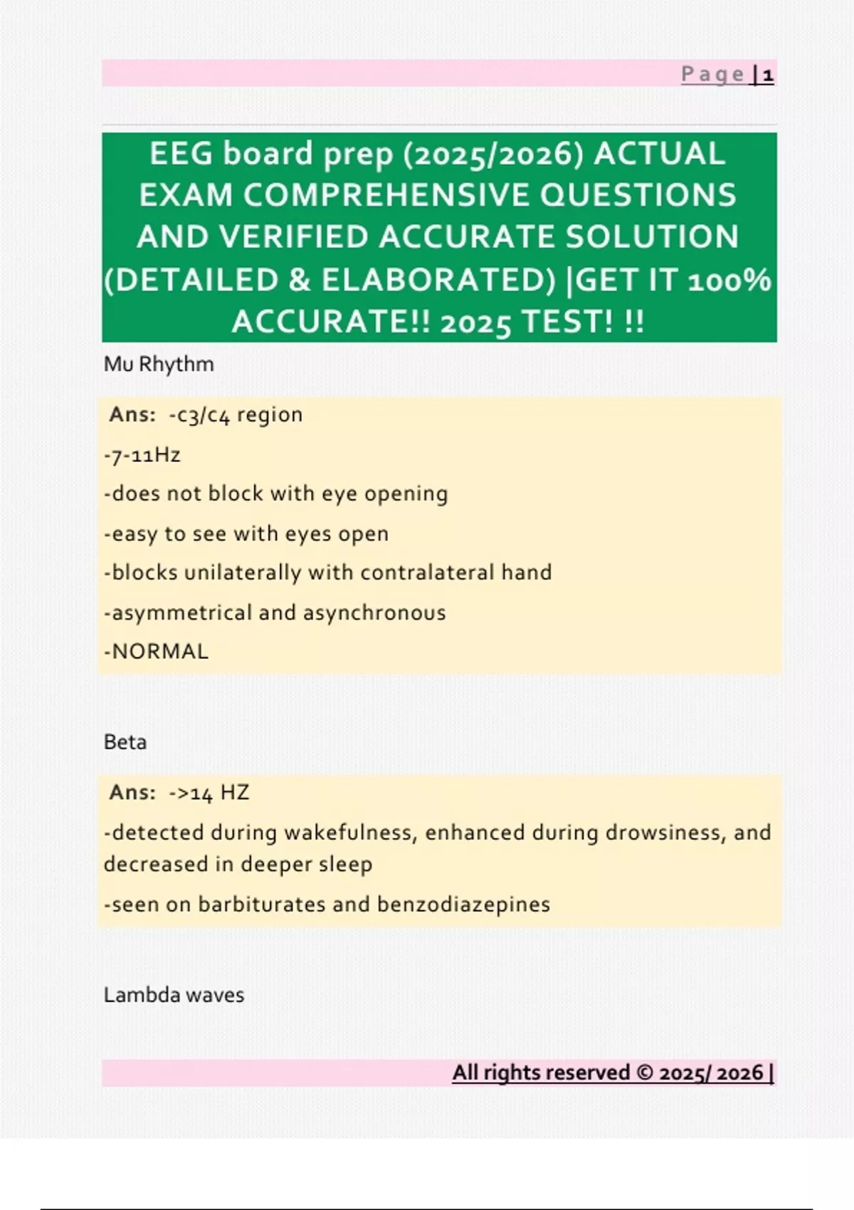 EEG board prep (2025/2026) ACTUAL EXAM COMPREHENSIVE QUESTIONS AND ...