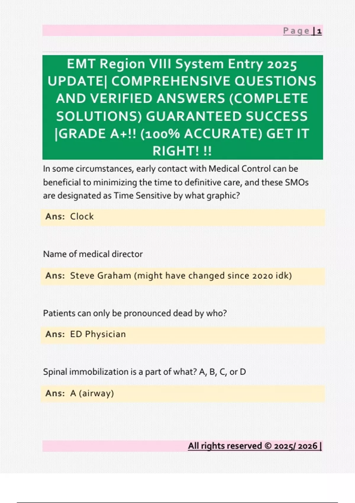 EMT Region VIII System Entry 2025 UPDATE| COMPREHENSIVE QUESTIONS AND ...