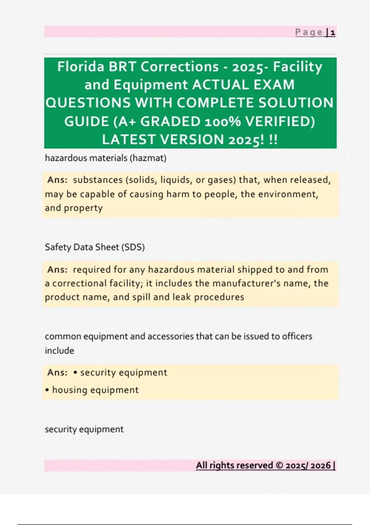 Florida BRT Corrections - 2025- Facility and Equipment ACTUAL EXAM ...