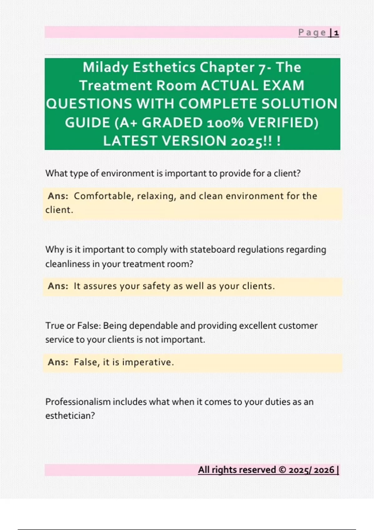 Milady Esthetics Chapter 7- The Treatment Room ACTUAL EXAM QUESTIONS ...
