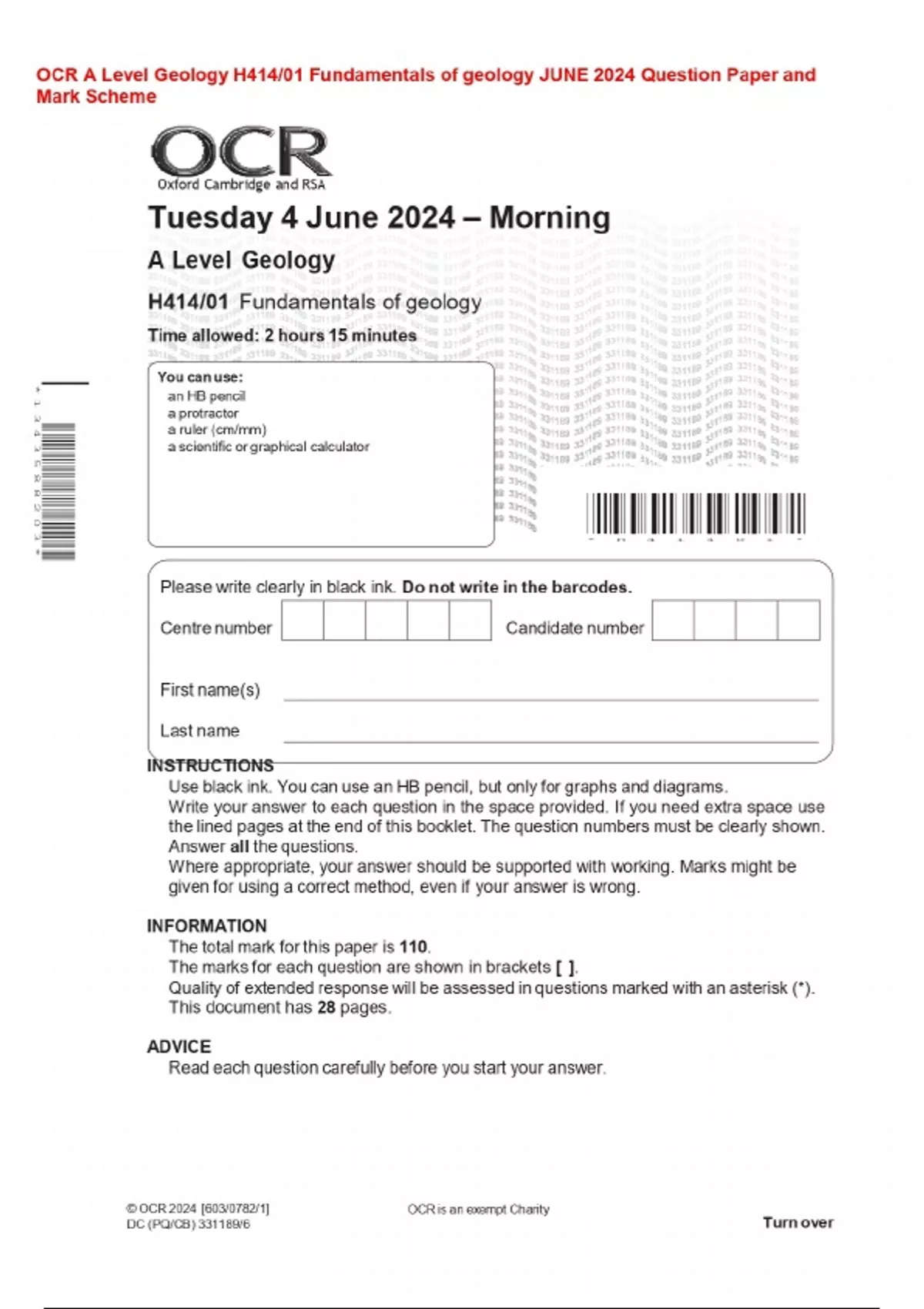 OCR A Level Geology H414/01 Fundamentals of geology JUNE 2024 Question ...
