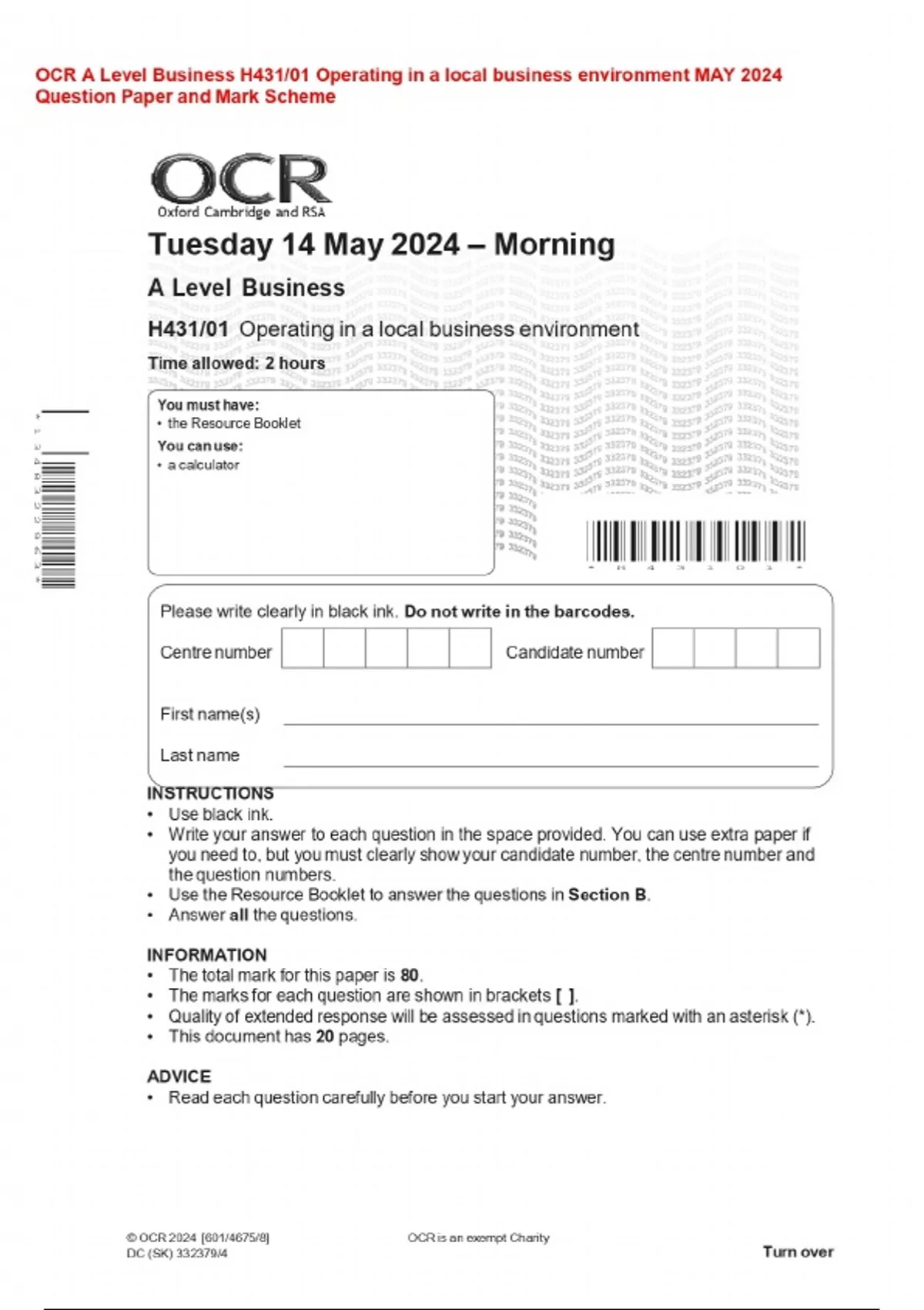 OCR A Level Business H431/01 Operating in a local business environment ...