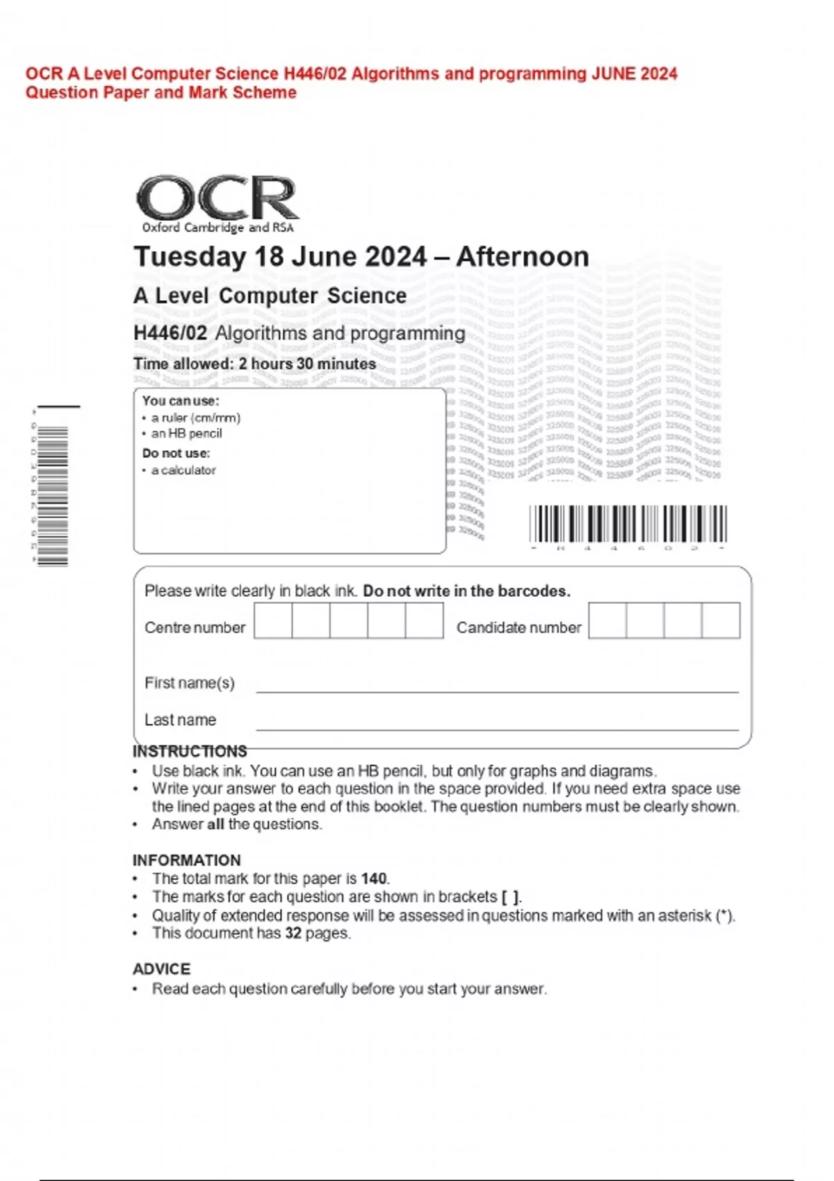 OCR A Level Computer Science H446/02 Algorithms and programming JUNE ...
