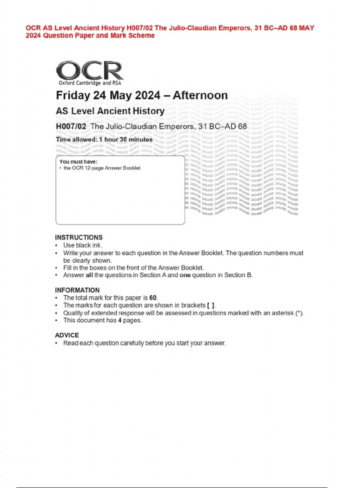 OCR AS Level Ancient History H007/02 The Julio-Claudian Emperors, 31 BC ...