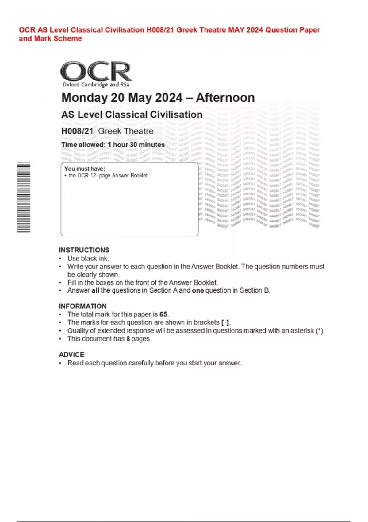 OCR AS Level Classical Civilisation H008/21 Greek Theatre MAY 2024 Question Paper and Mark ...