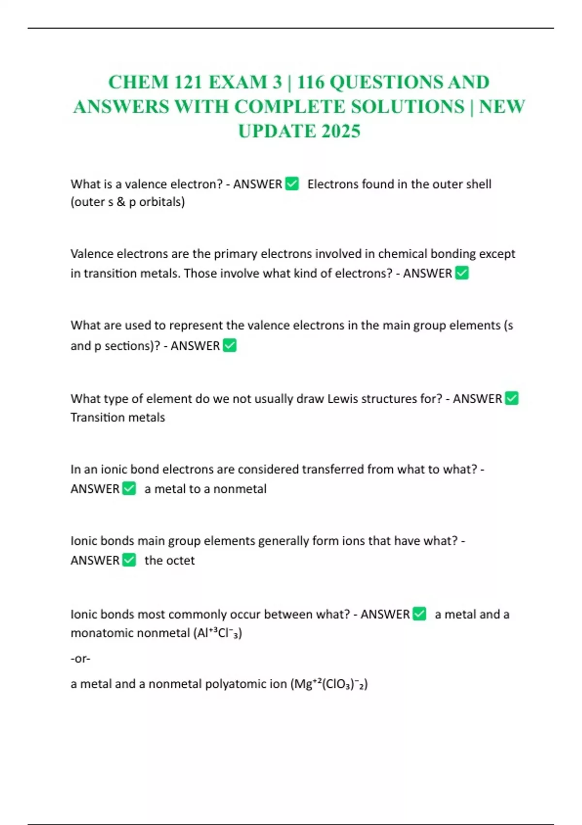CHEM 121 EXAM 3 | 116 QUESTIONS AND ANSWERS WITH COMPLETE SOLUTIONS ...