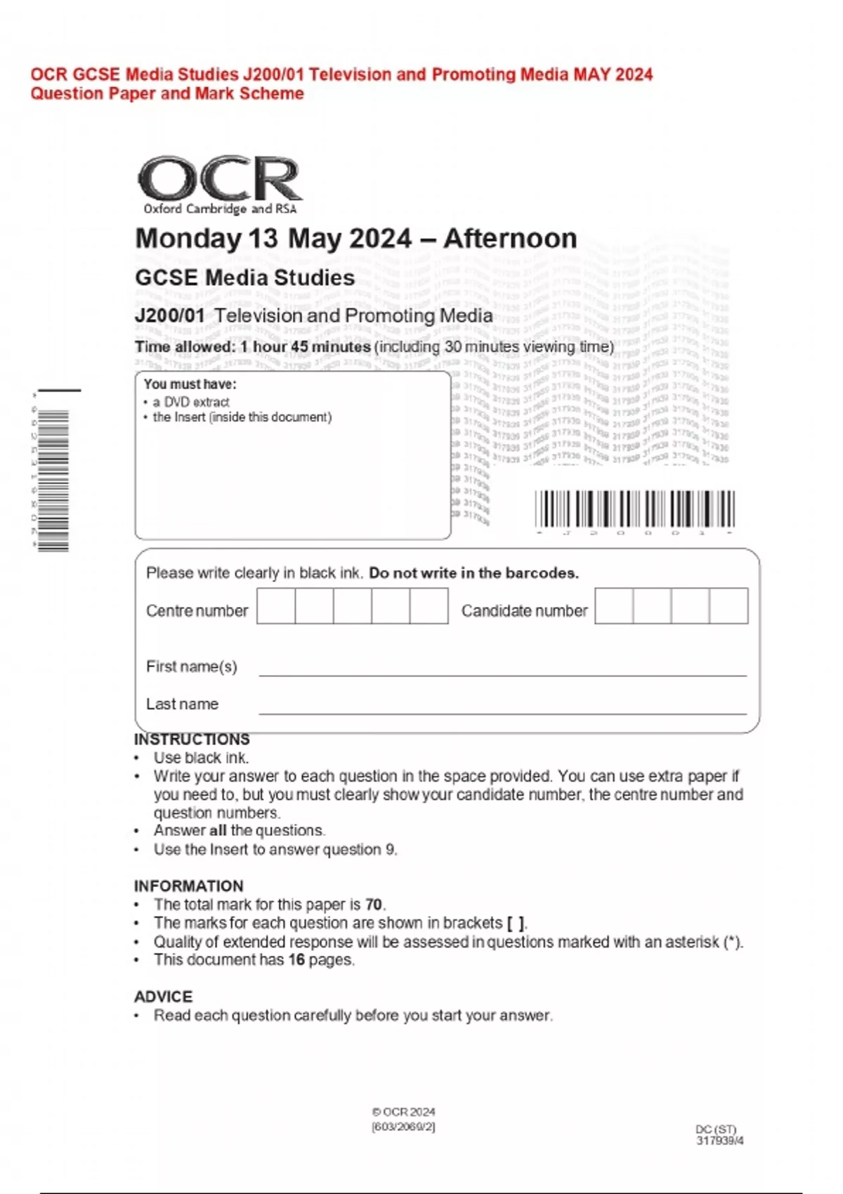 OCR GCSE Media Studies J200/01 Television and Promoting Media MAY 2024 ...