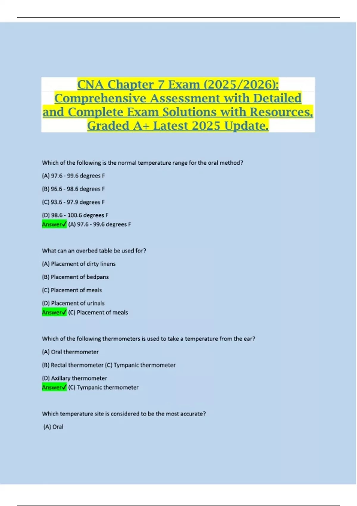 CNA Chapter 7 Exam (2025/2026): Comprehensive Assessment with Detailed and Complete Exam ...