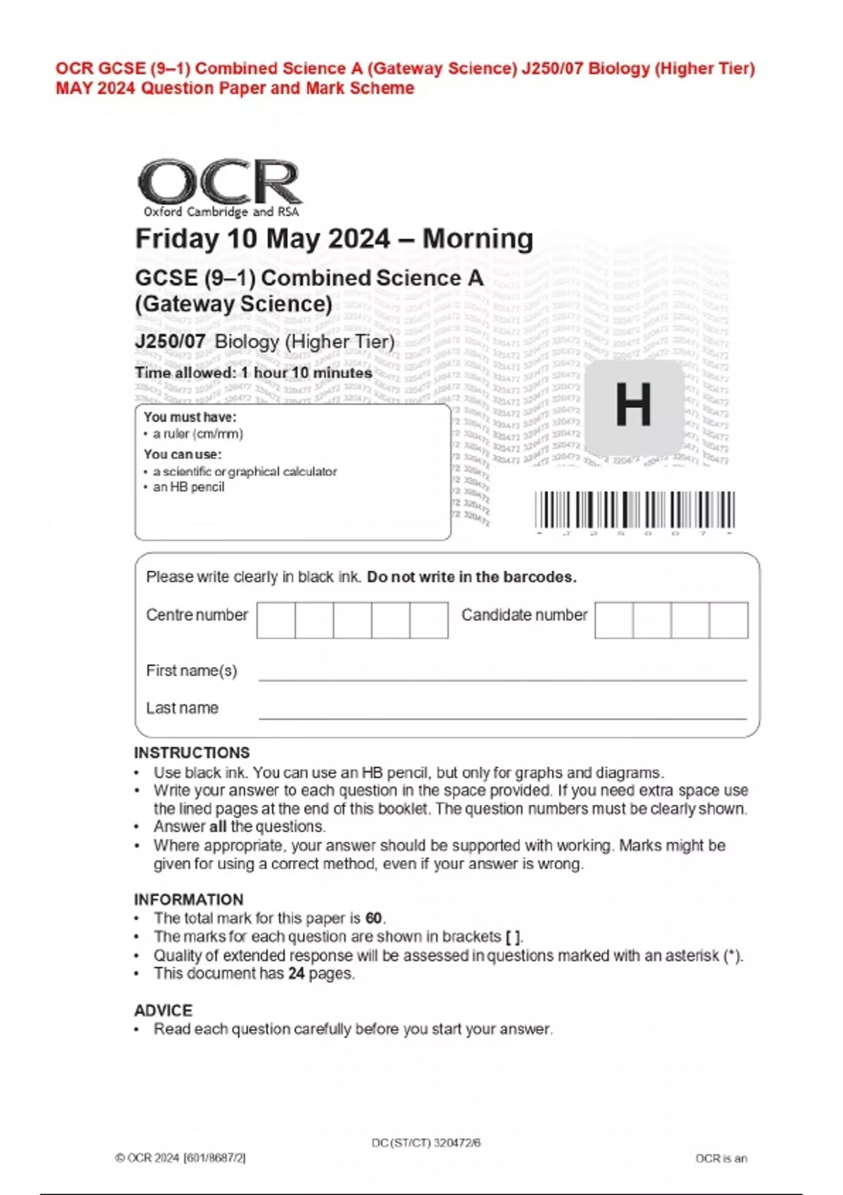 OCR GCSE (9–1) Combined Science A (Gateway Science) J250/07 Biology ...