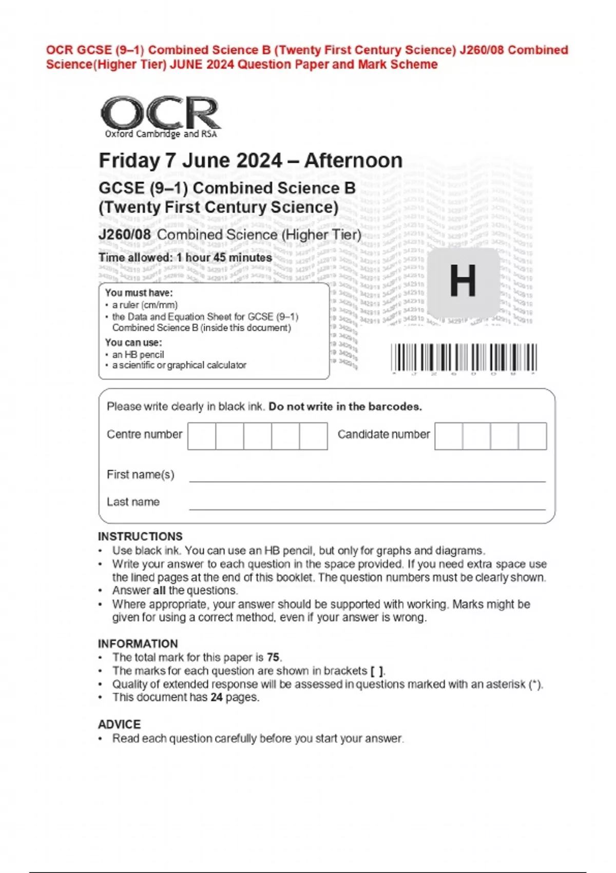 OCR GCSE (9–1) Combined Science B (Twenty First Century Science) J260/08 Combined Science ...