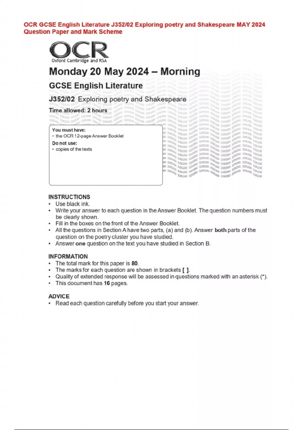 OCR GCSE English Literature J352/02 Exploring poetry and Shakespeare MAY 2024 Question Paper and ...