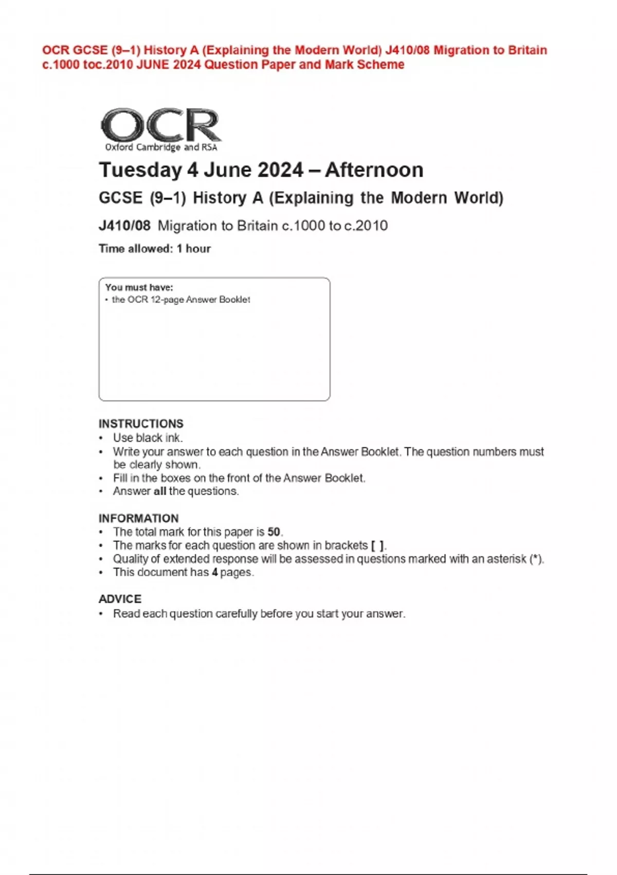OCR GCSE (9–1) History A (Explaining the Modern World) J410/08 Migration to Britain c.1000 toc ...