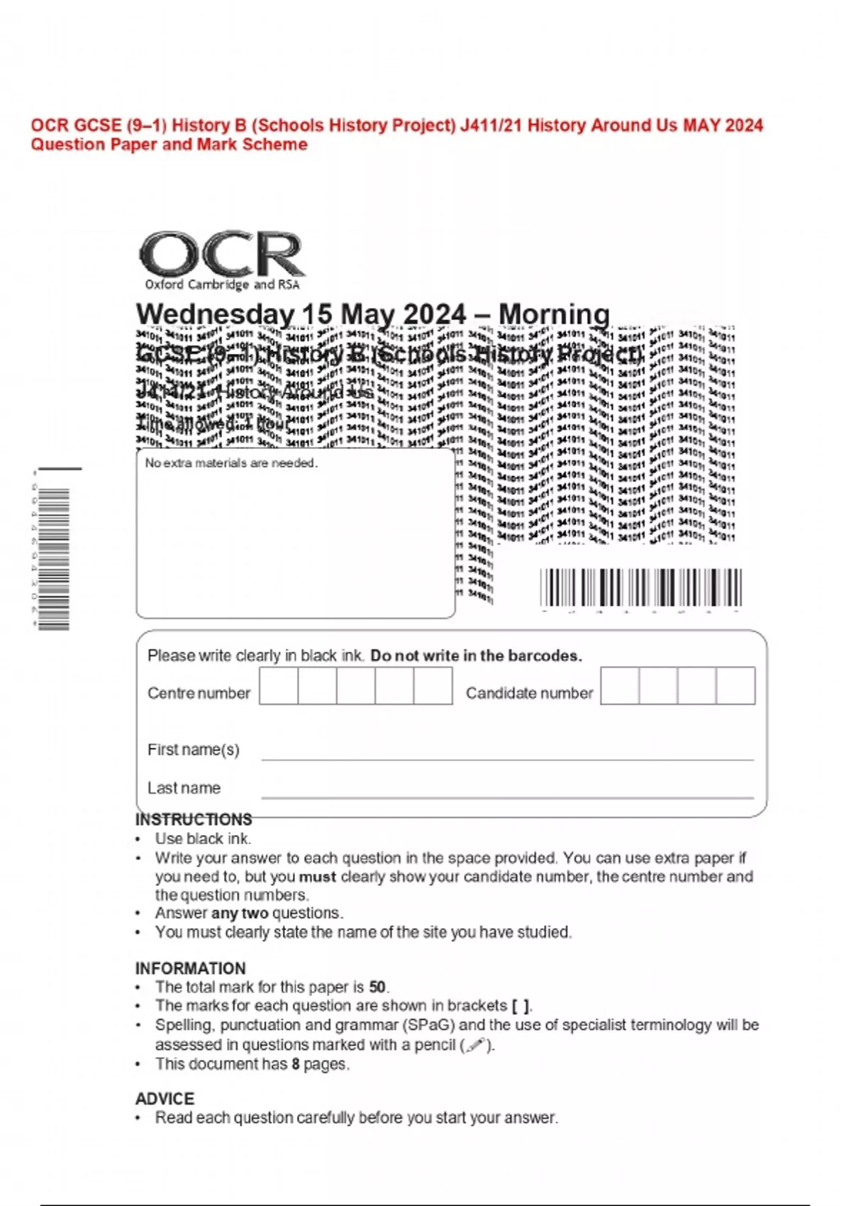 OCR GCSE (9–1) History B (Schools History Project) J411/21 History Around Us MAY 2024 Question ...
