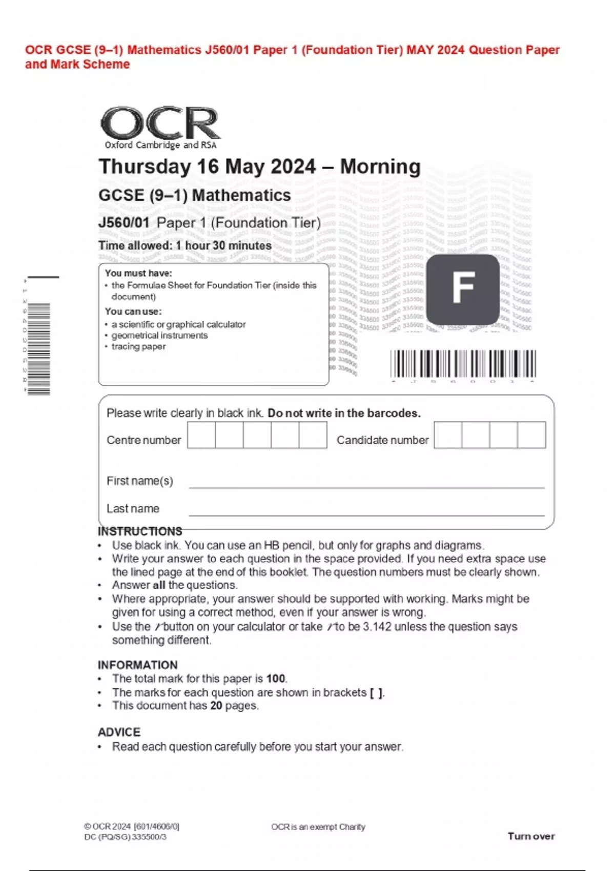 OCR GCSE (9–1) Mathematics J560/01 Paper 1 (Foundation Tier) MAY 2024 ...