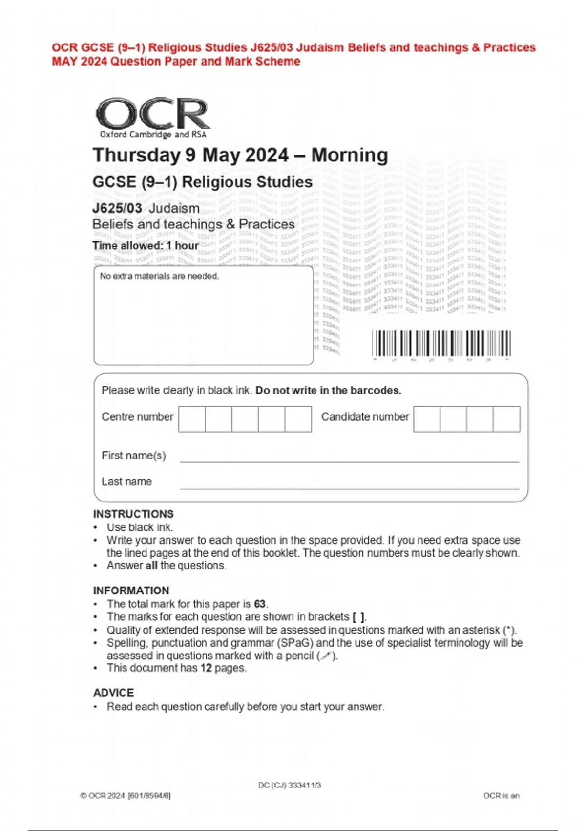 OCR GCSE (9–1) Religious Studies J625/03 Judaism Beliefs and teachings & Practices MAY 2024 ...