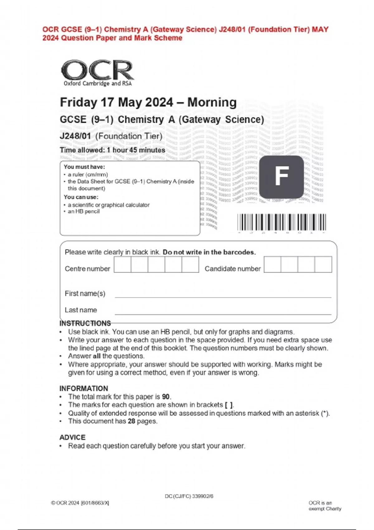 OCR GCSE (9–1) Chemistry A (Gateway Science) J248/01 (Foundation Tier ...