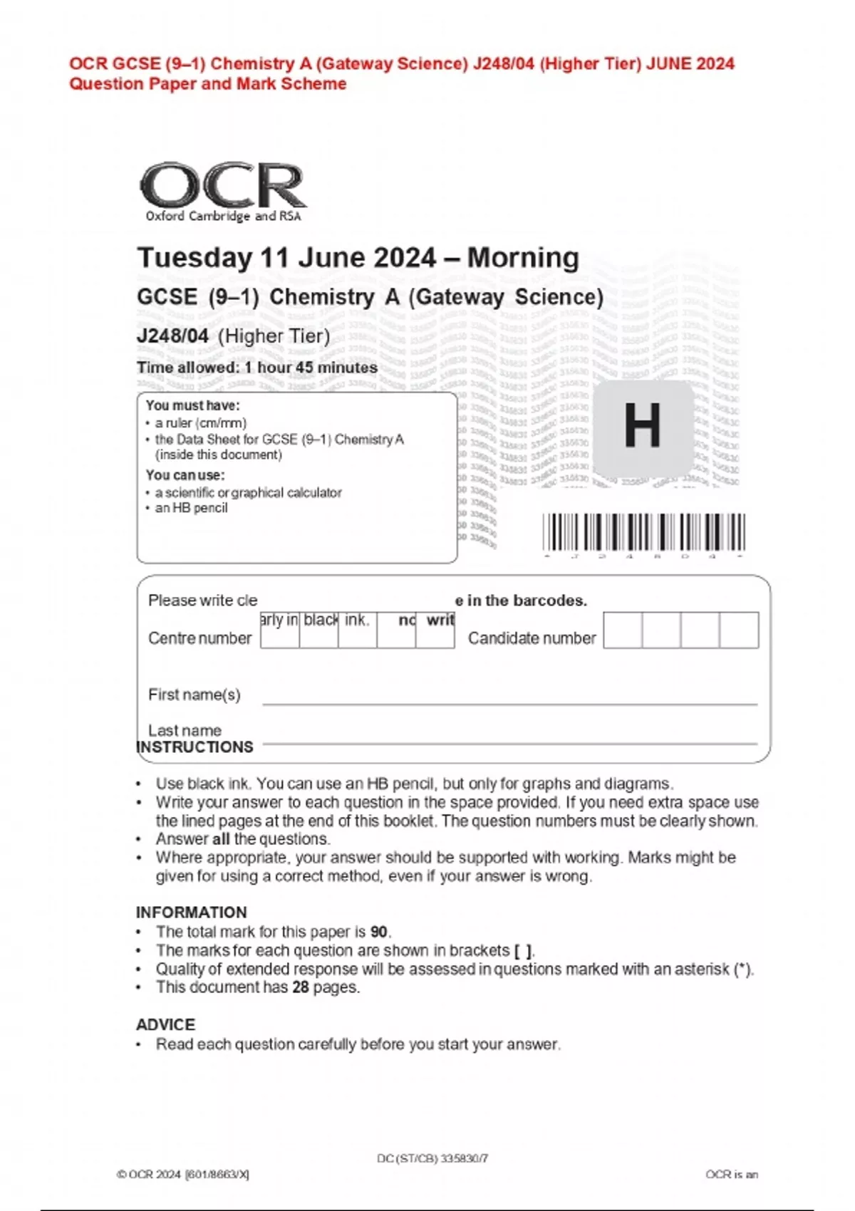 OCR GCSE (9–1) Chemistry A (Gateway Science) J248/04 (Higher Tier) JUNE 2024 Question Paper and ...