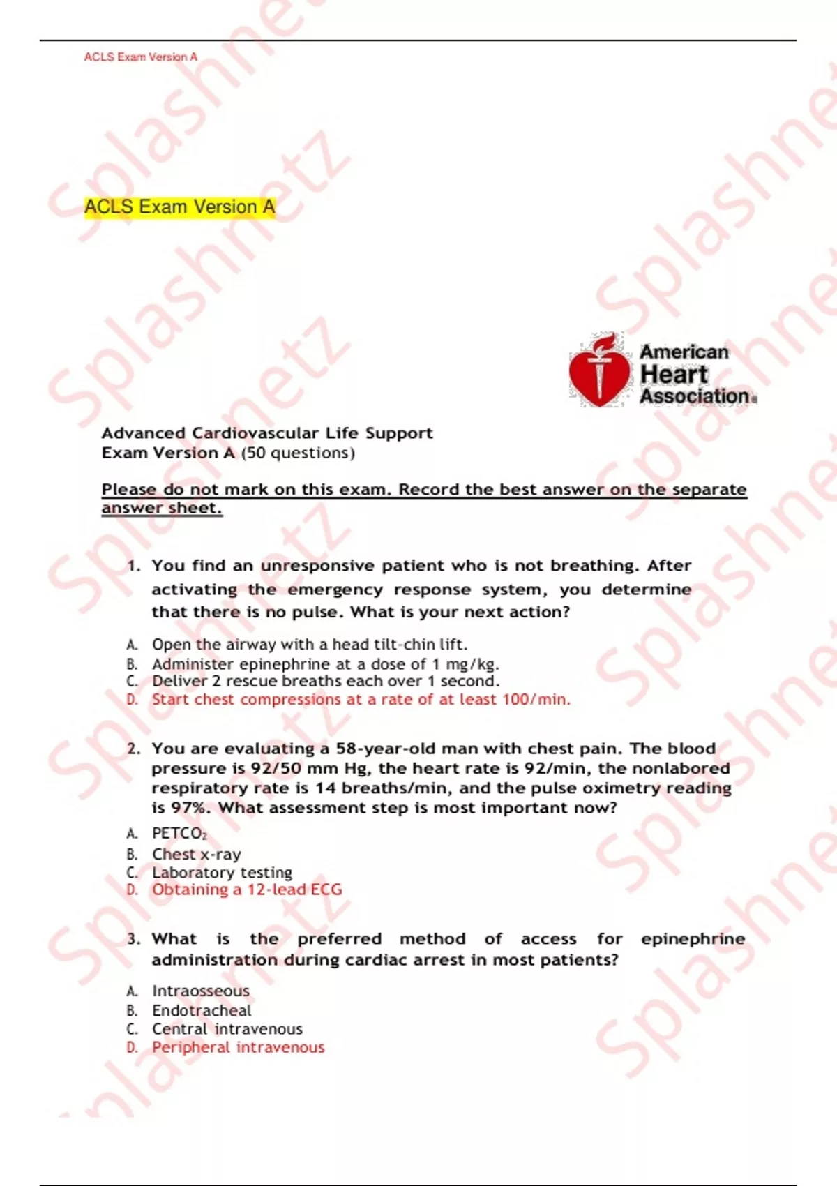 Advanced Cardiovascular Life Support Exam Version A 50 Questions And ...