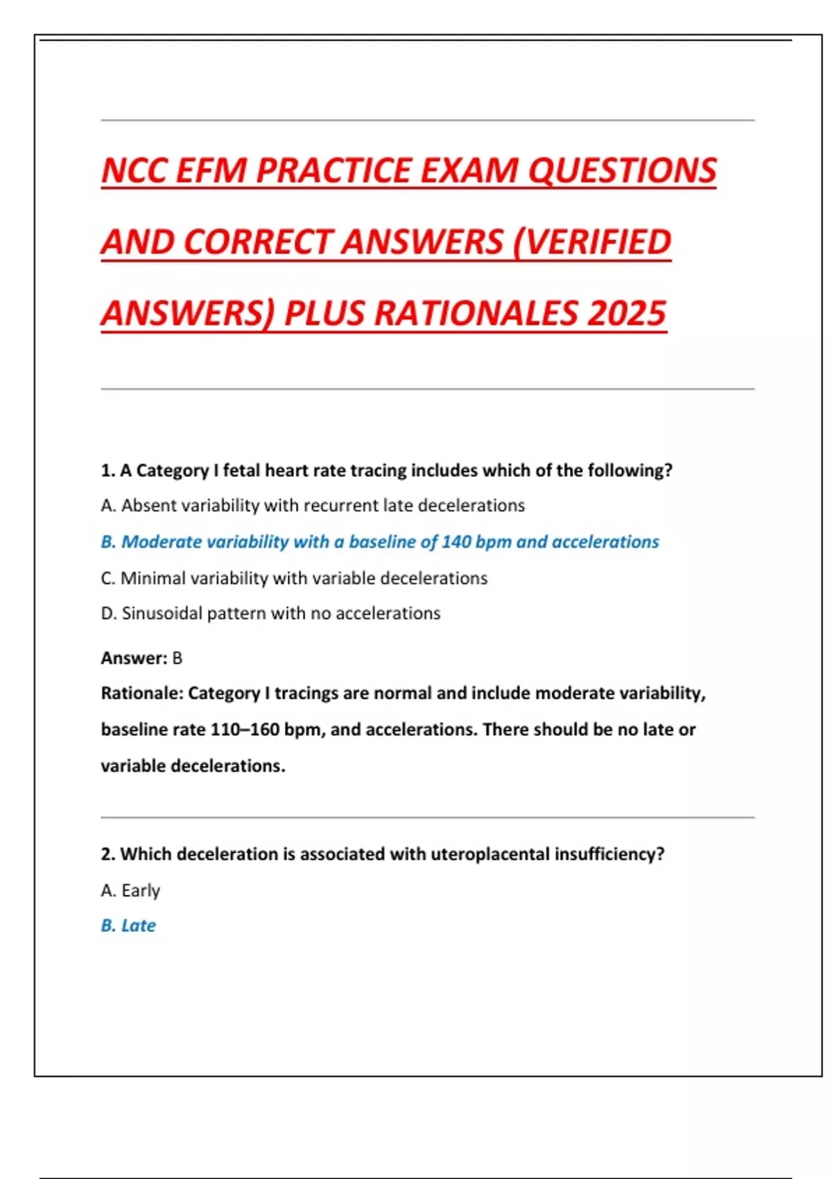 NCC EFM PRACTICE EXAM QUESTIONS AND CORRECT ANSWERS (VERIFIED ANSWERS ...