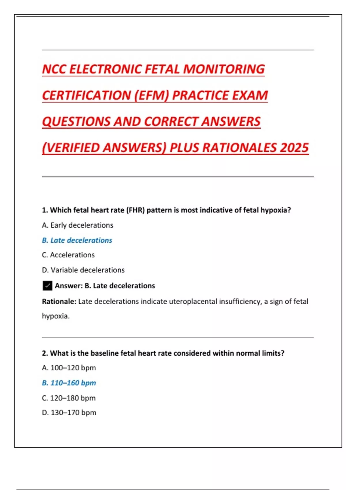 NCC ELECTRONIC FETAL MONITORING CERTIFICATION (EFM) PRACTICE EXAM QUESTIONS AND CORRECT ANSWERS ...