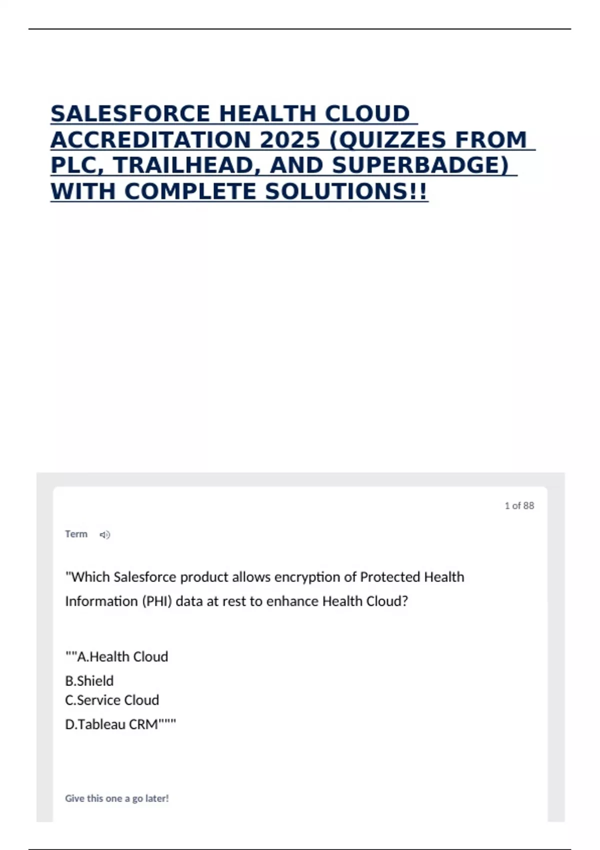 SALESFORCE HEALTH CLOUD ACCREDITATION 2025 (QUIZZES FROM PLC, TRAILHEAD ...