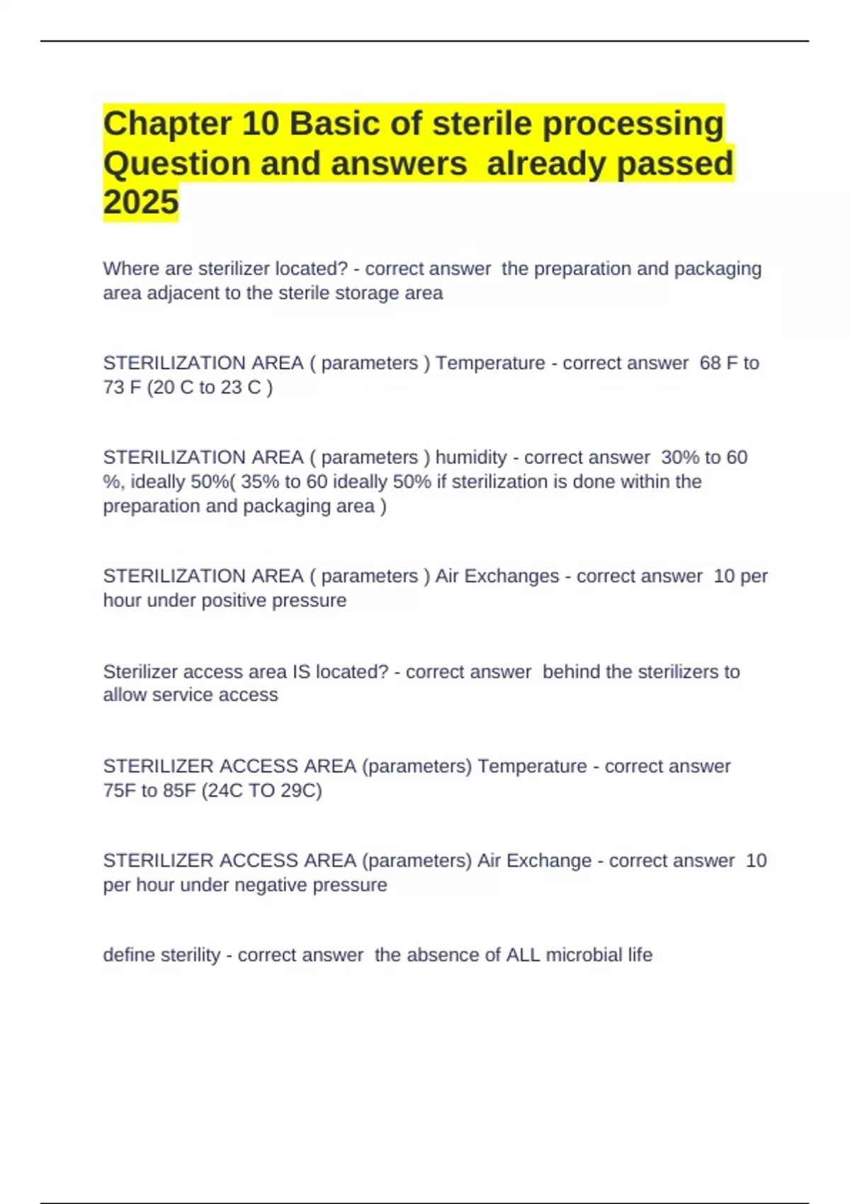 Chapter 10 Basic of sterile processing Question and answers already ...
