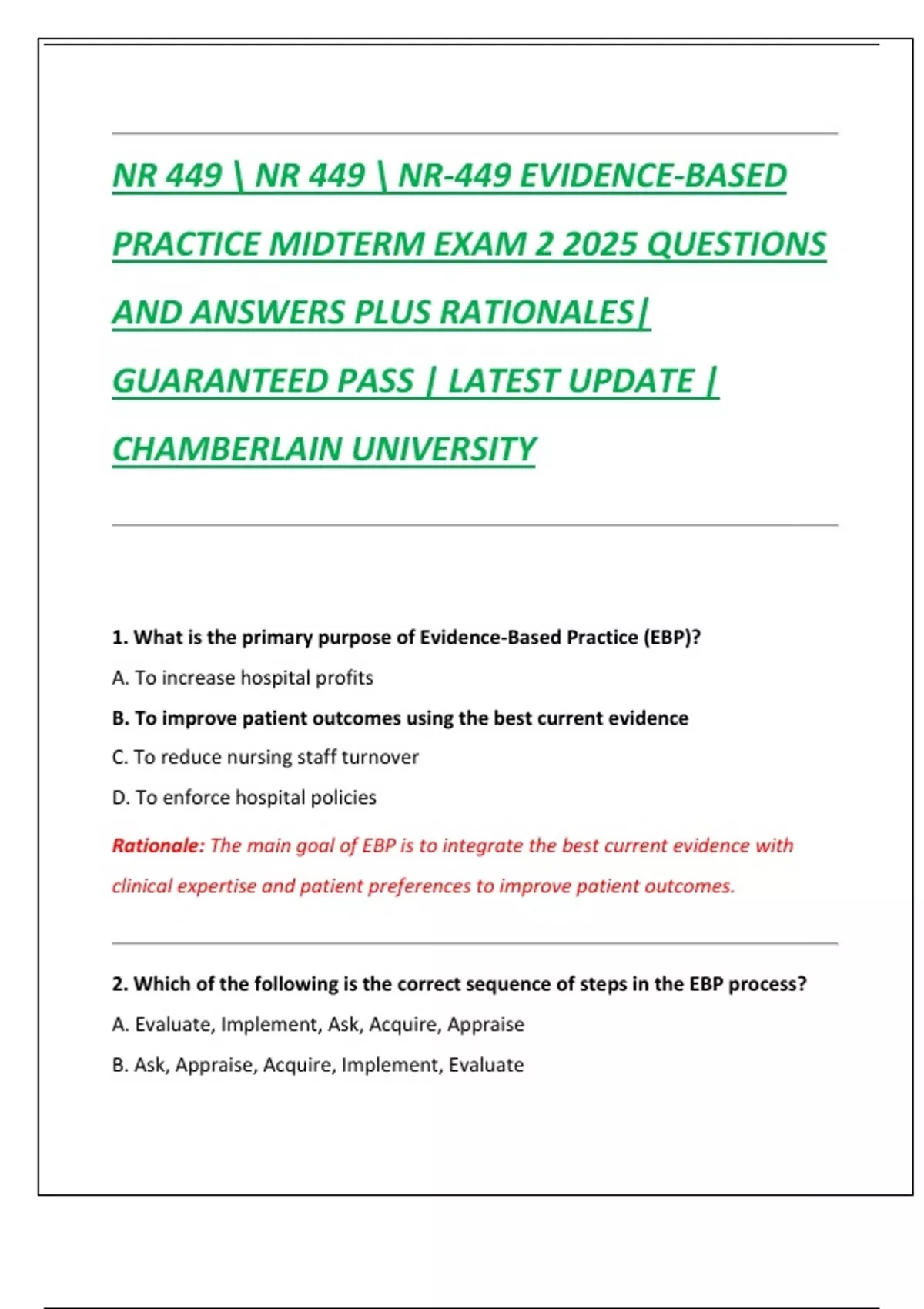 NR 449 NR 449 NR-449 EVIDENCE-BASED PRACTICE MIDTERM EXAM 2 2025 QUESTIONS AND ANSWERS PLUS ...