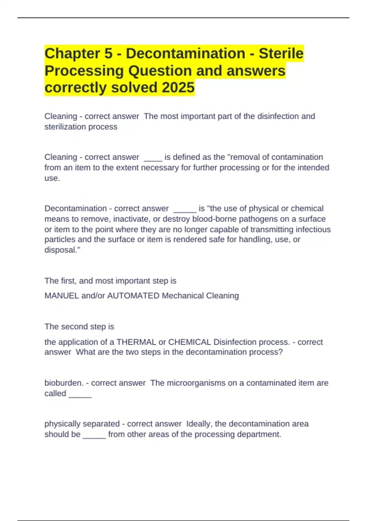 Chapter 5 - Decontamination - Sterile Processing Question and answers ...