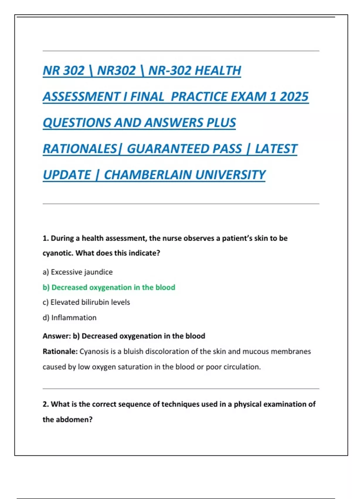 NR 302 NR302 NR-302 HEALTH ASSESSMENT I FINAL PRACTICE EXAM 1 2025 QUESTIONS AND ANSWERS PLUS ...