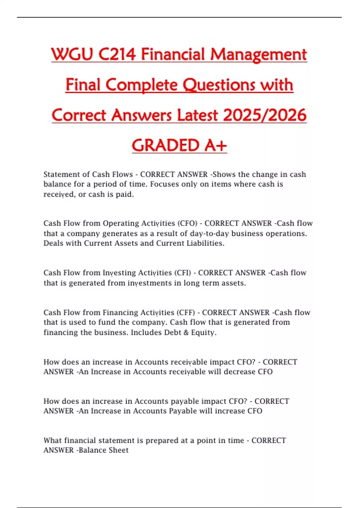 WGU C214 Financial Management Final Complete Questions with Correct ...