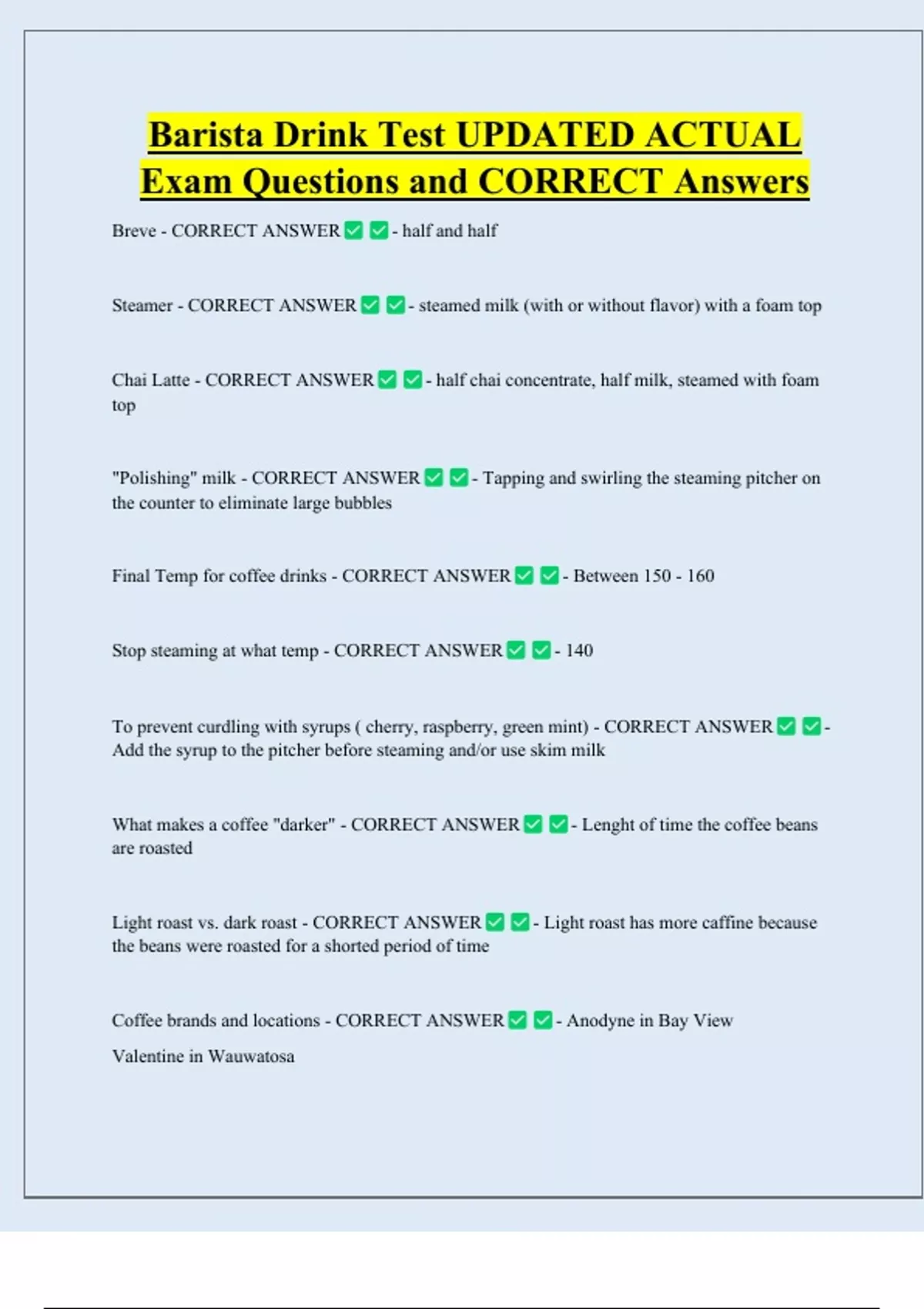 Barista Drink Test UPDATED ACTUAL Exam Questions and CORRECT Answers ...
