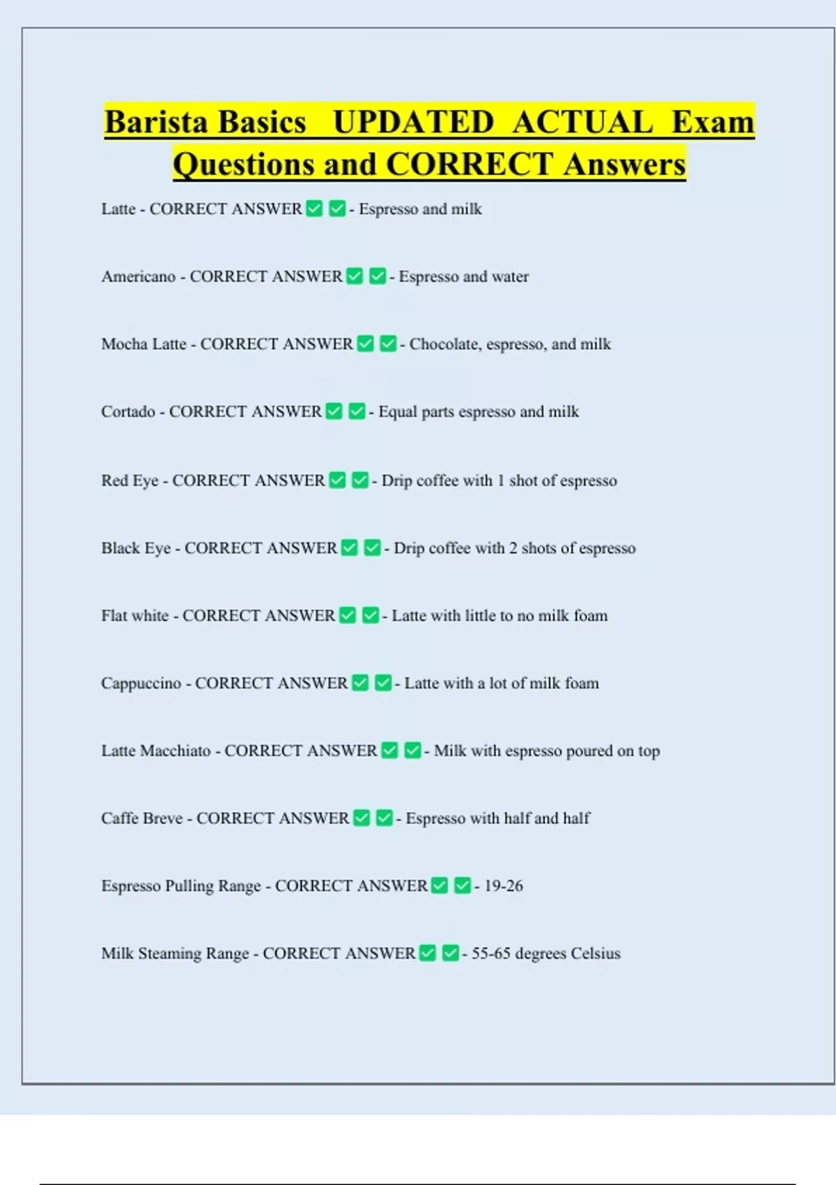 Barista Basics UPDATED ACTUAL Exam Questions and CORRECT Answers ...