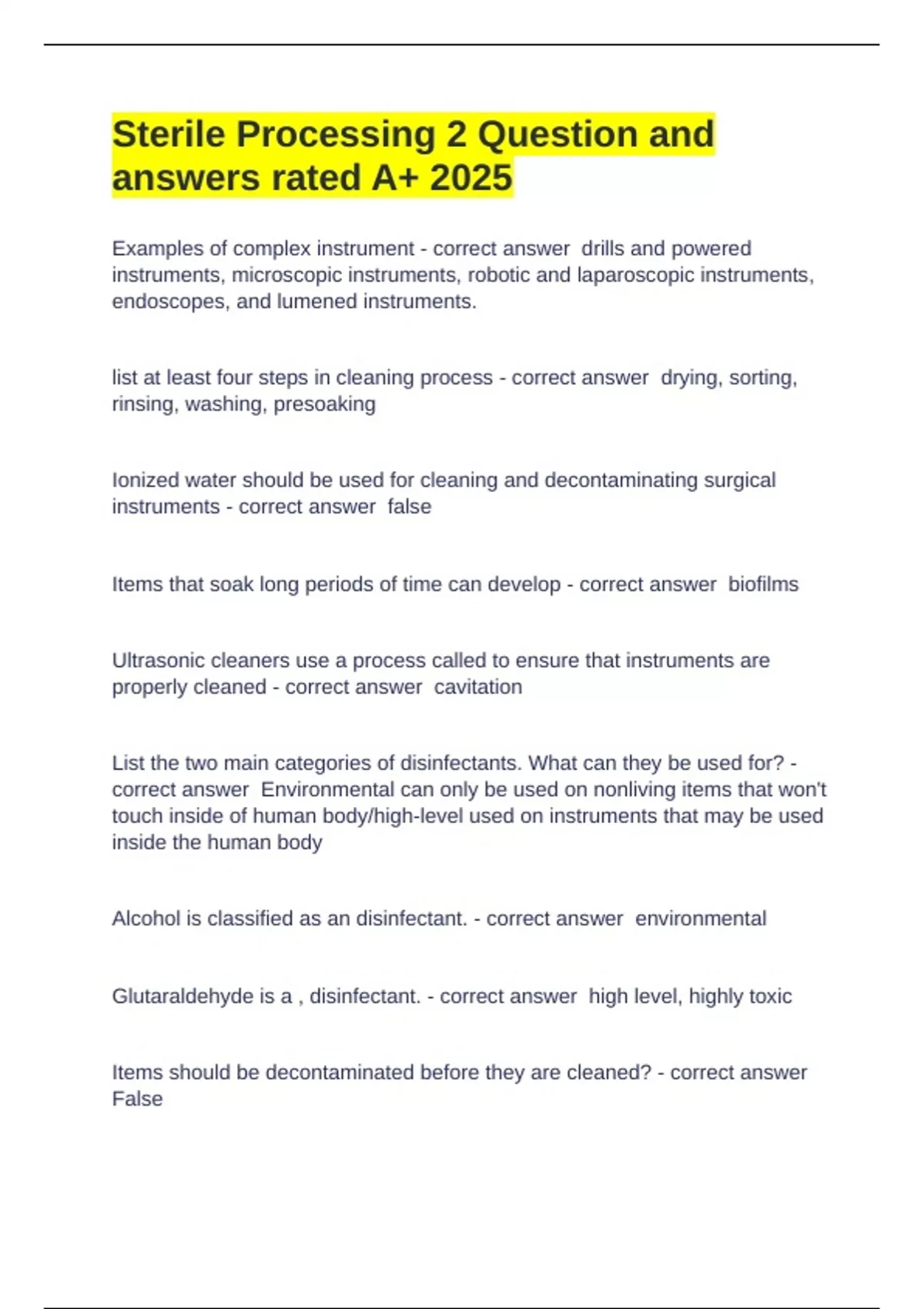 Sterile Processing 2 Question and answers rated A+ 2025 - Sterile Processing 2 - Stuvia US