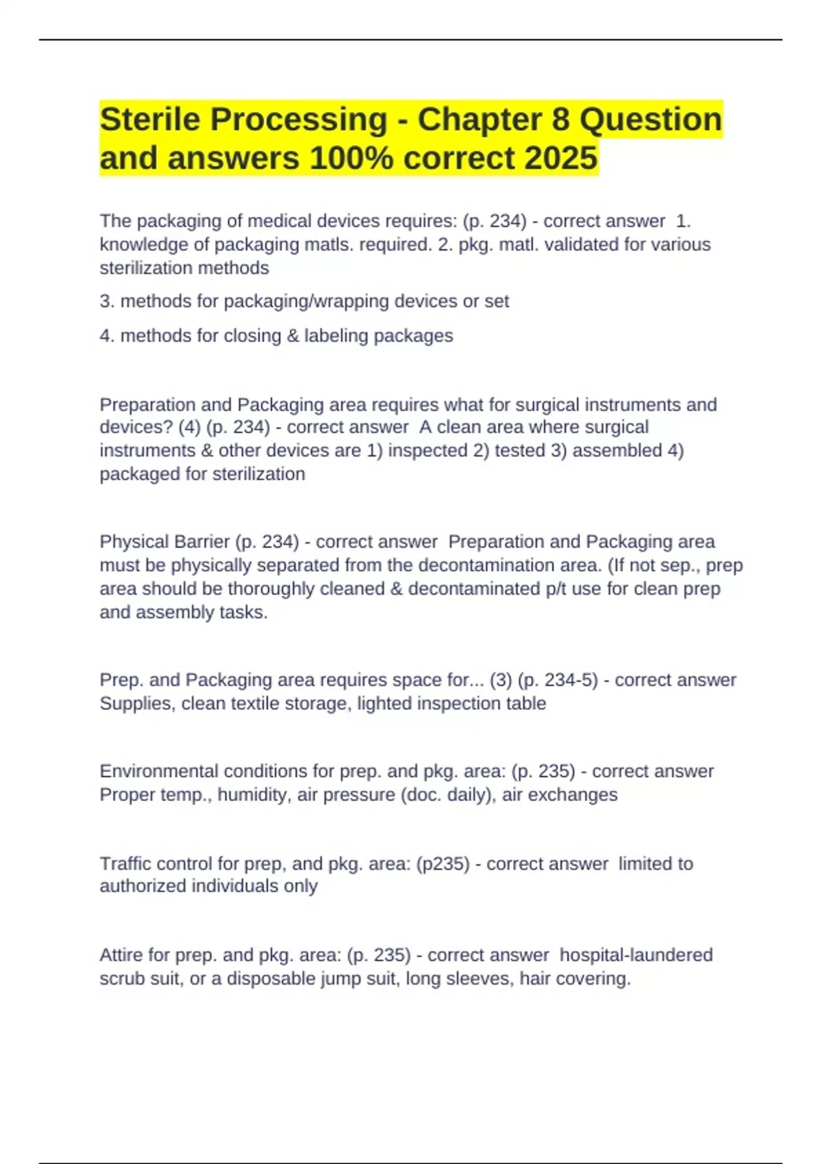 Sterile Processing - Chapter 8 Question and answers 100% correct 2025 ...