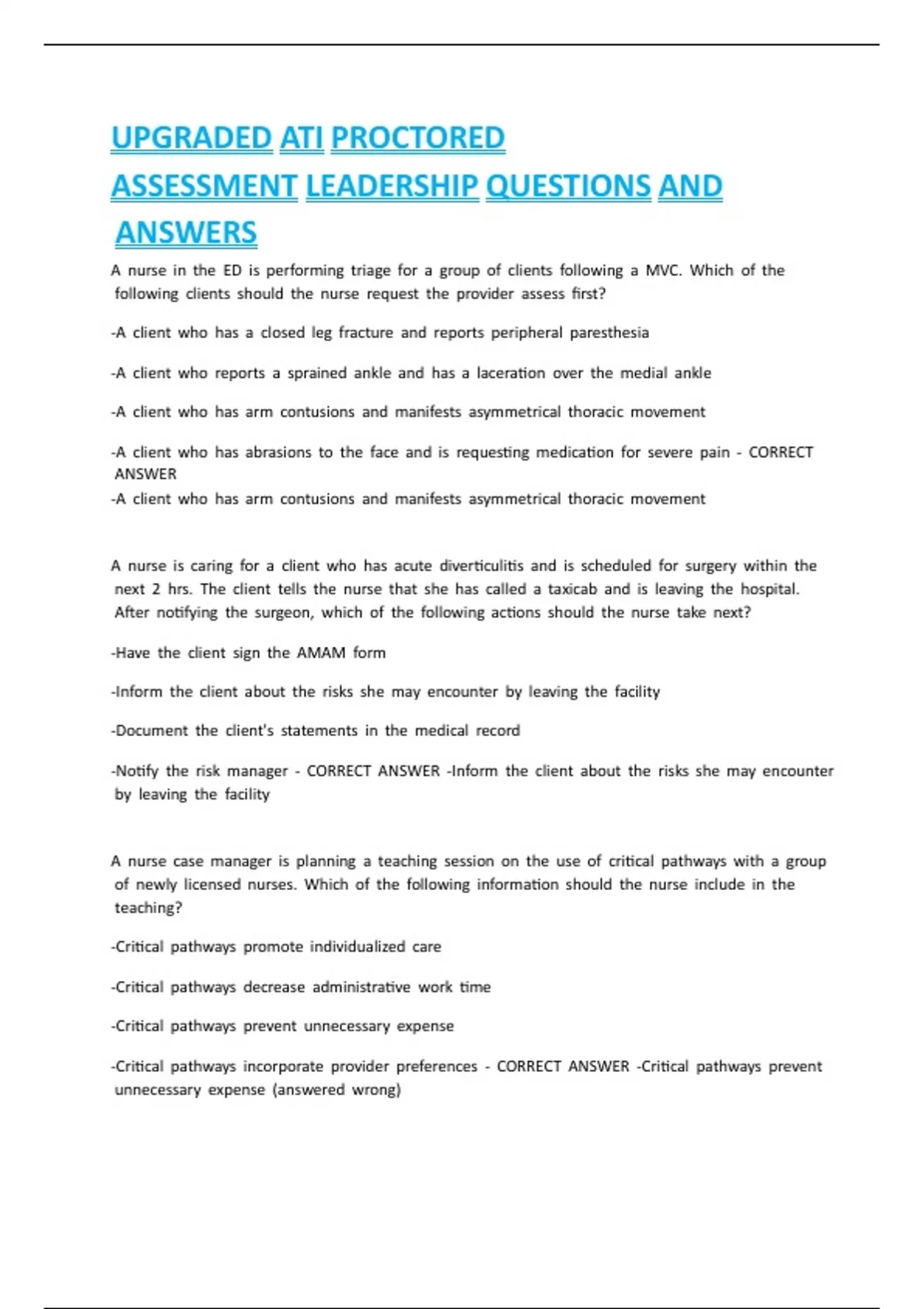 UPGRADED ATI PROCTORED ASSESSMENT LEADERSHIP QUESTIONS AND ANSWERS ...