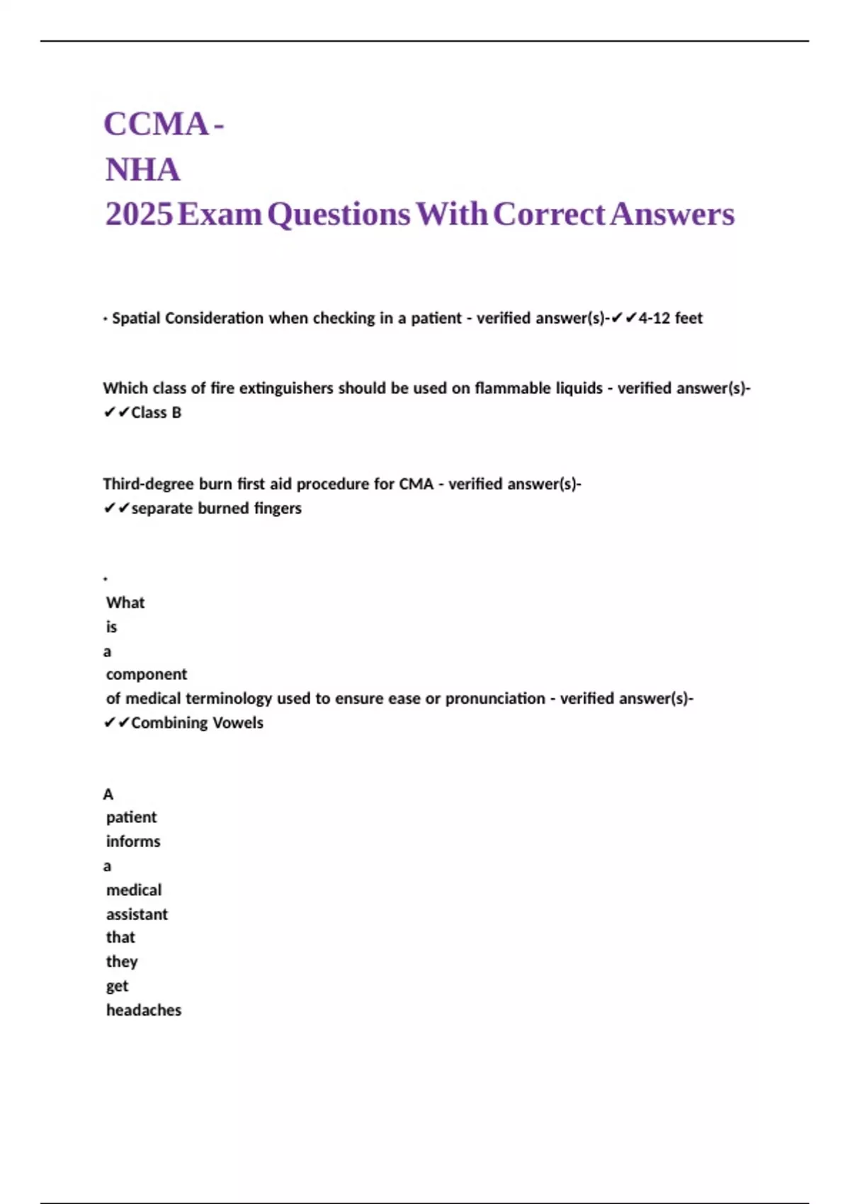 CCMA - NHA 2025 Exam Questions With Correct Answers - NHA CCMA - Stuvia US