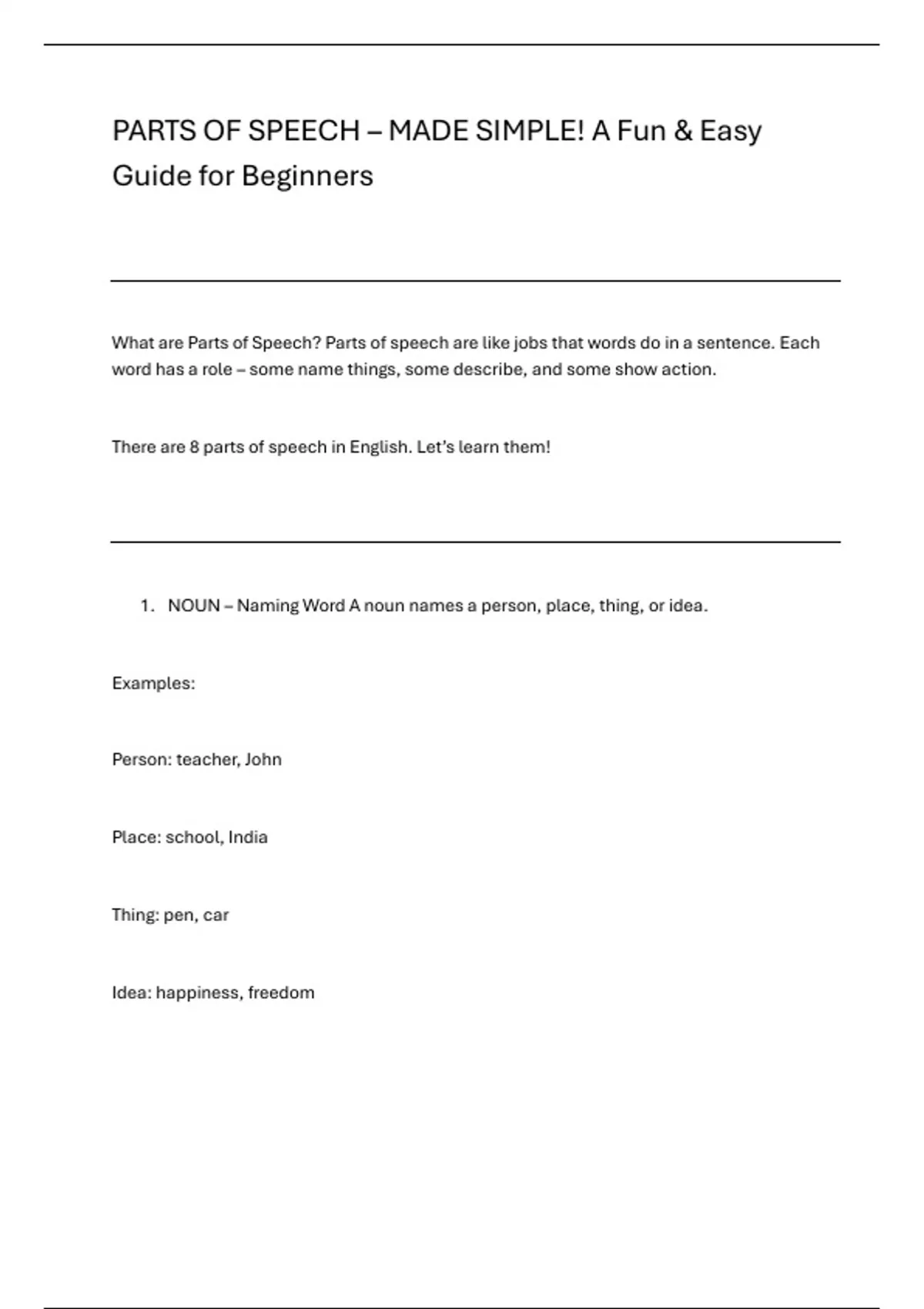 Summary PARTS OF SPEECH – MADE SIMPLE! A Fun & Easy Guide for Beginners ...